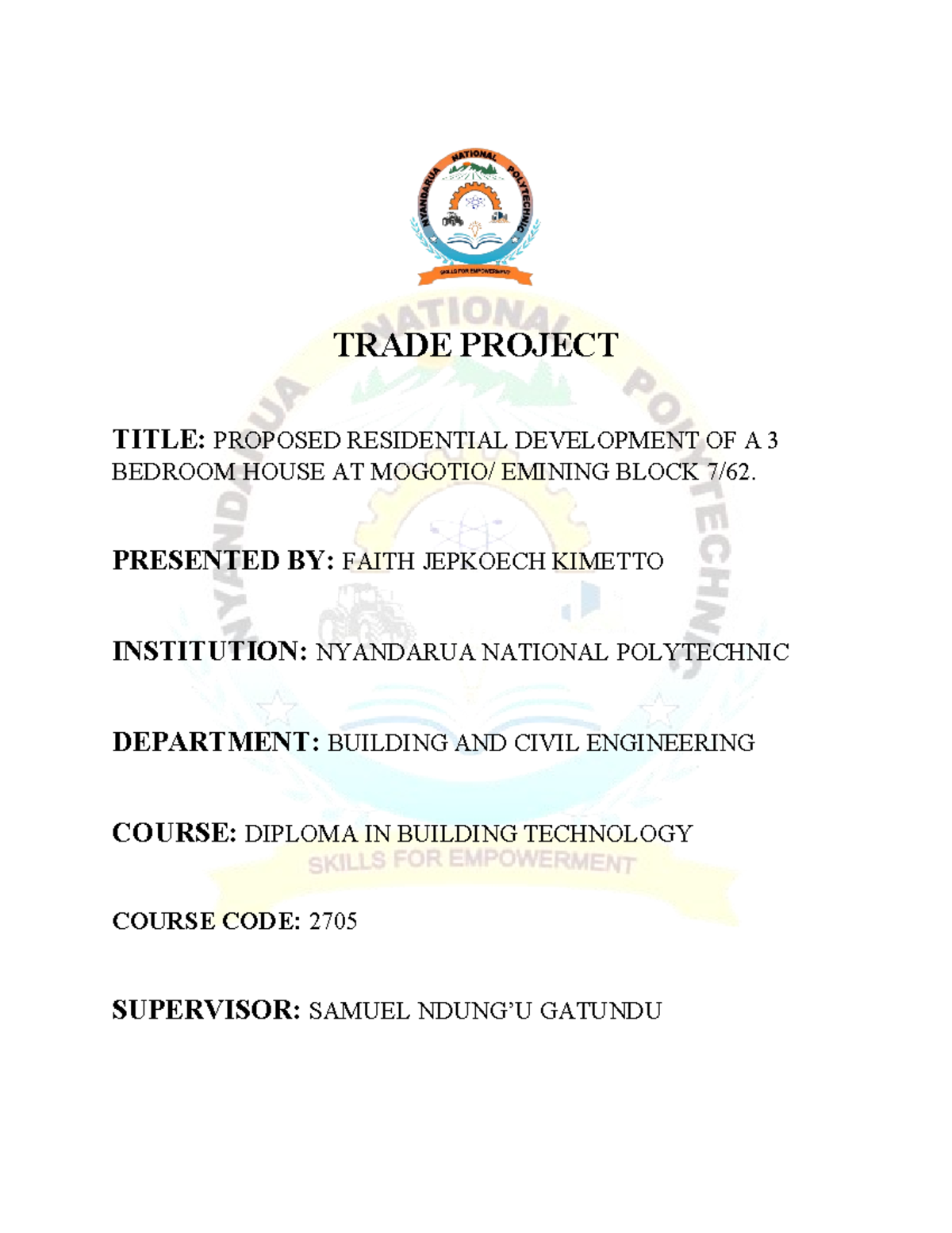 Trade Project for building construction - Diploma in civil engineering ...