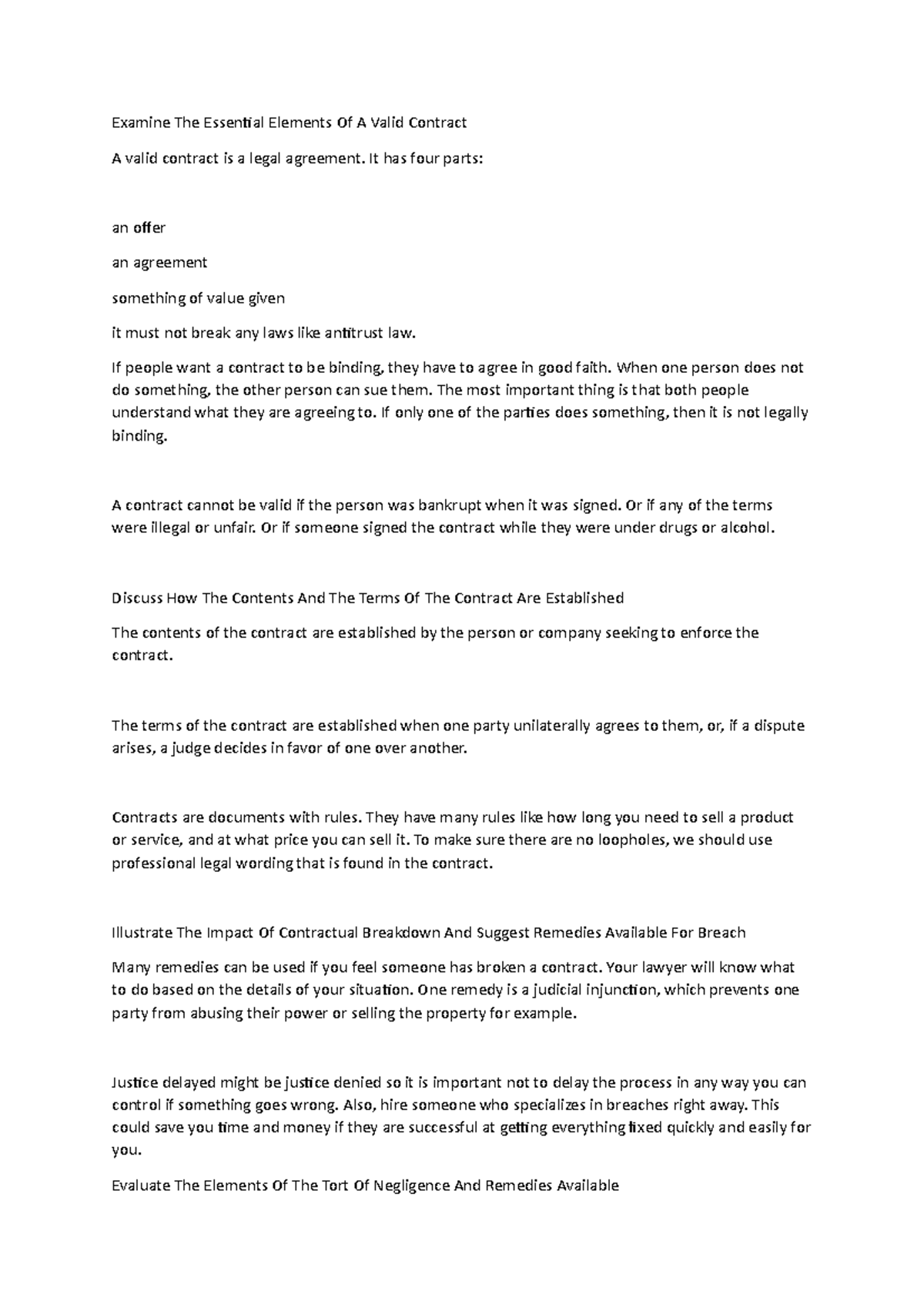 Contract law summary unit - Examine The Essential Elements Of A Valid ...