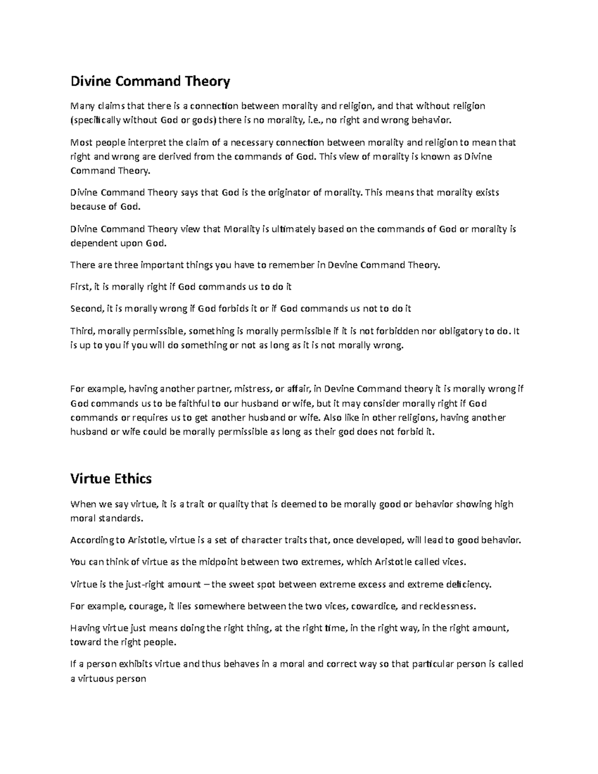 Outline -4-6 - Devine Command theory, Virtue Ethics, Feminist Ethics - Divine Command Theory ...