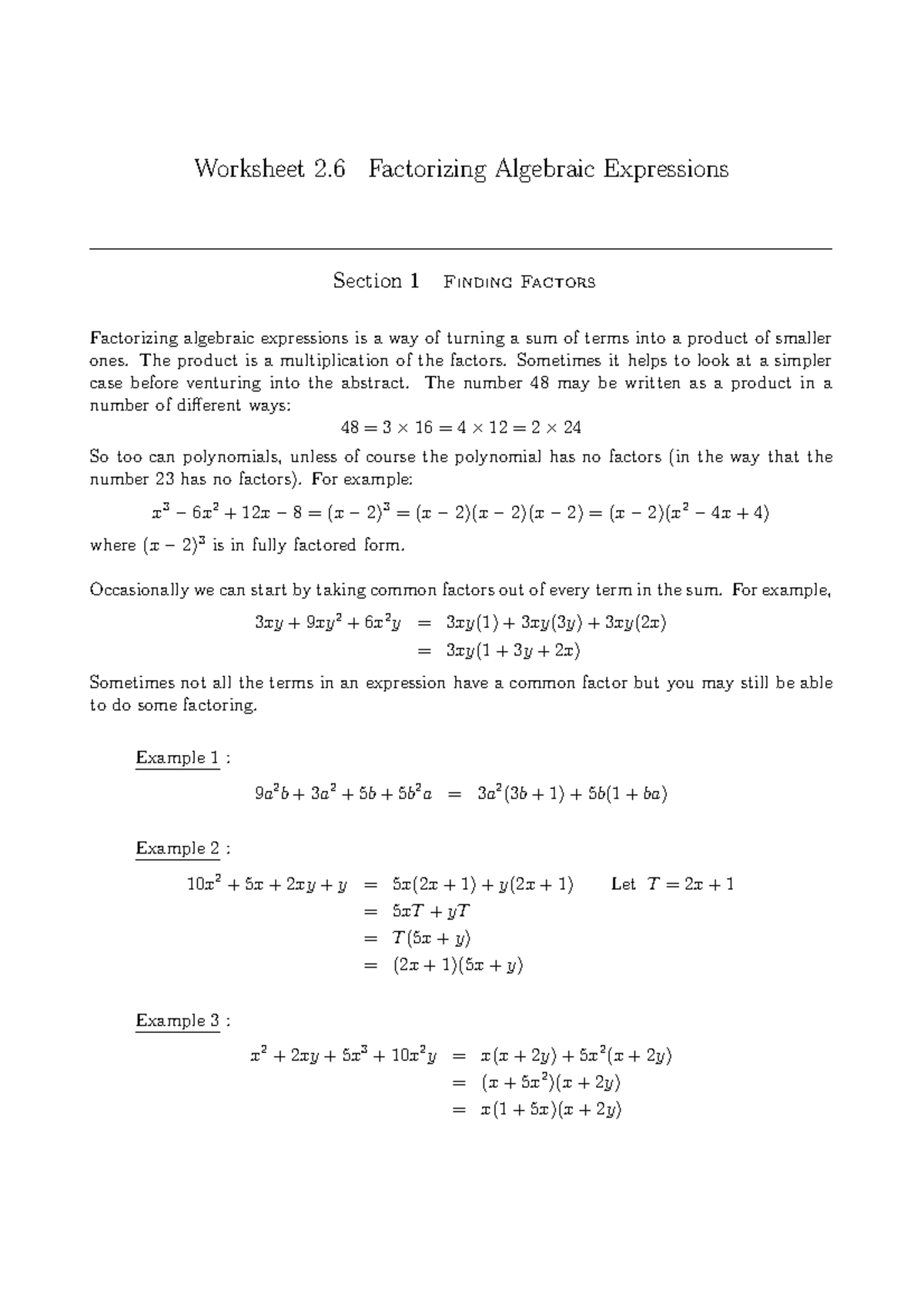 Algebra - I am a foundation student - Worksheet 2. 6 Factorizing ...