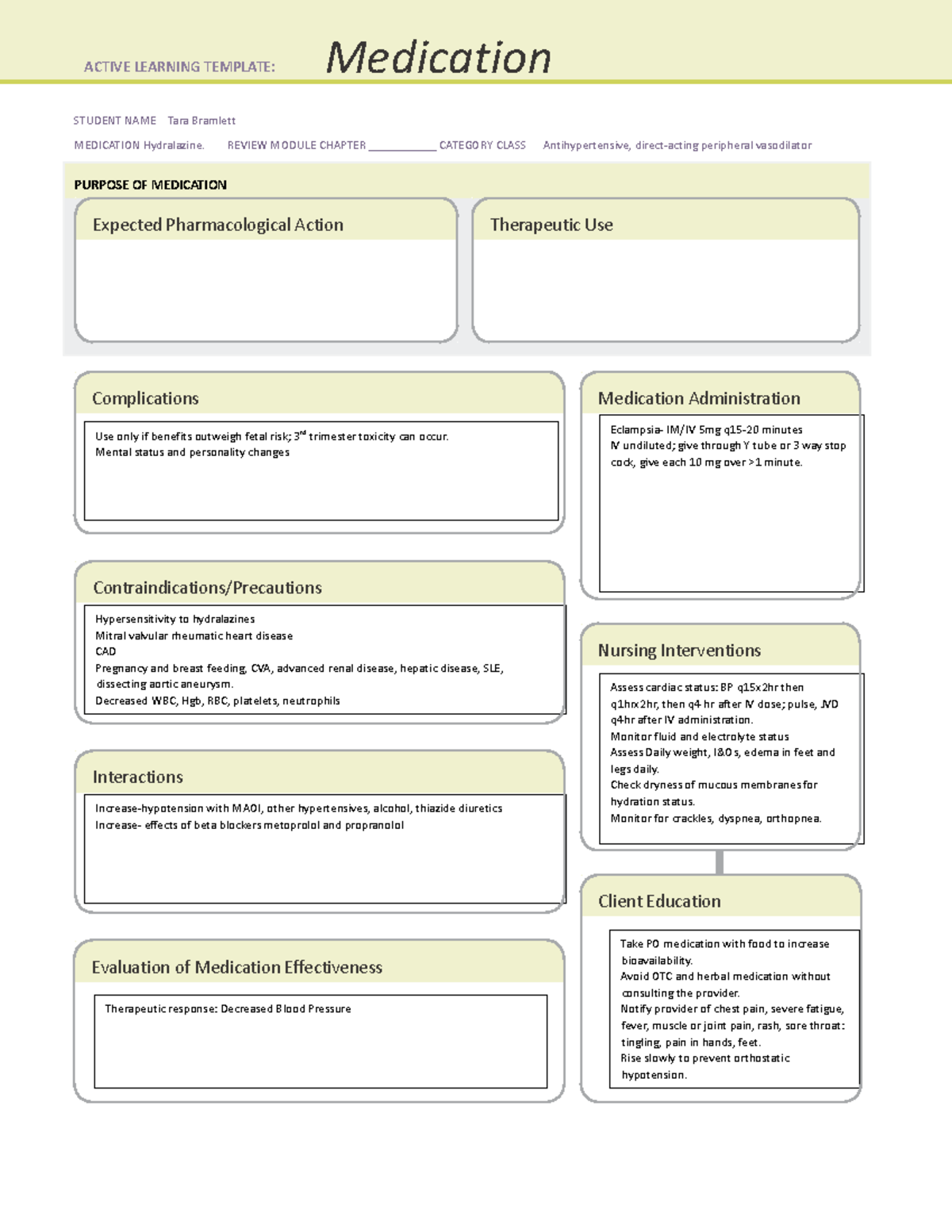 Hydralazine - ATI Medication Sheet - STUDENT NAME Tara Bramlett ...