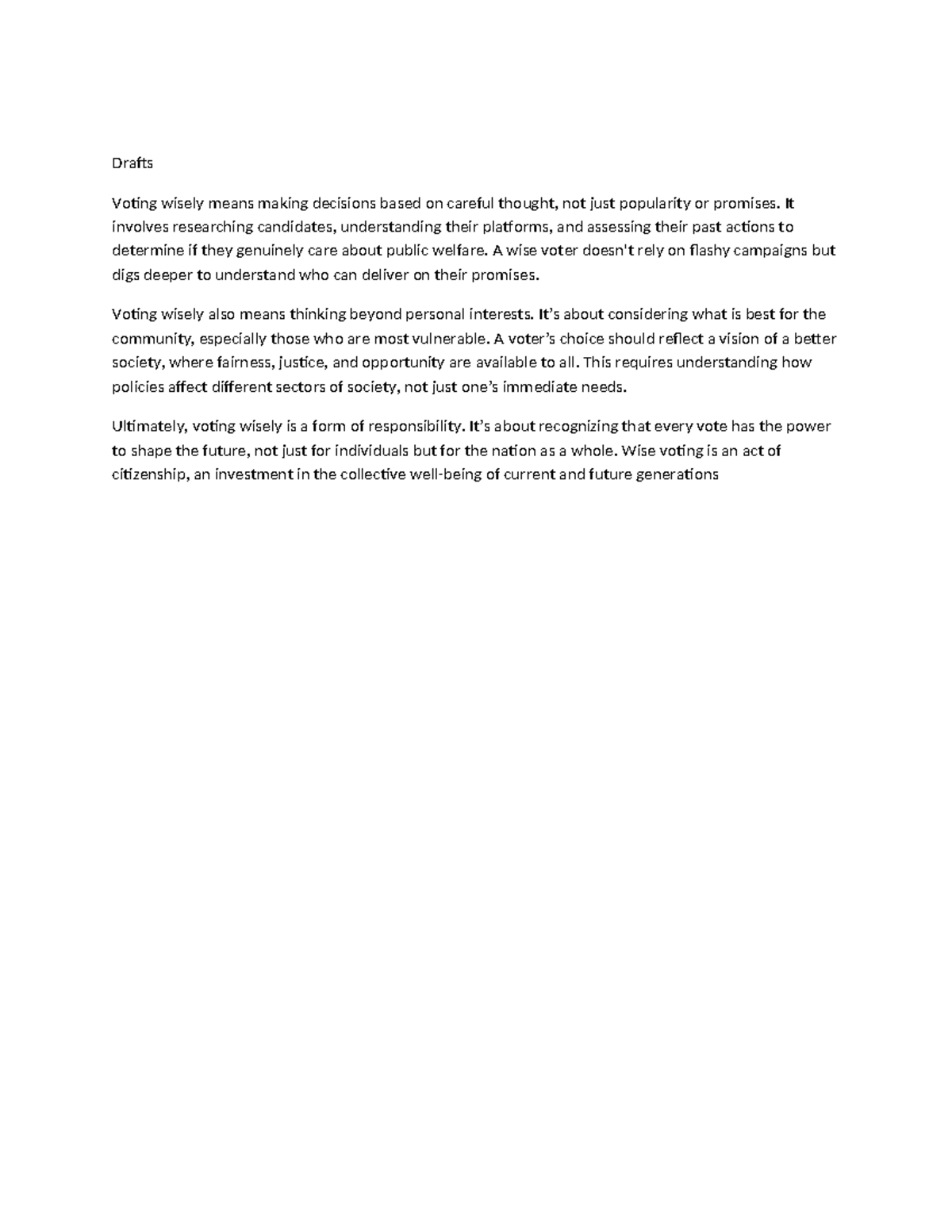 Voting Wisely - Drafts Voting wisely means making decisions based on ...
