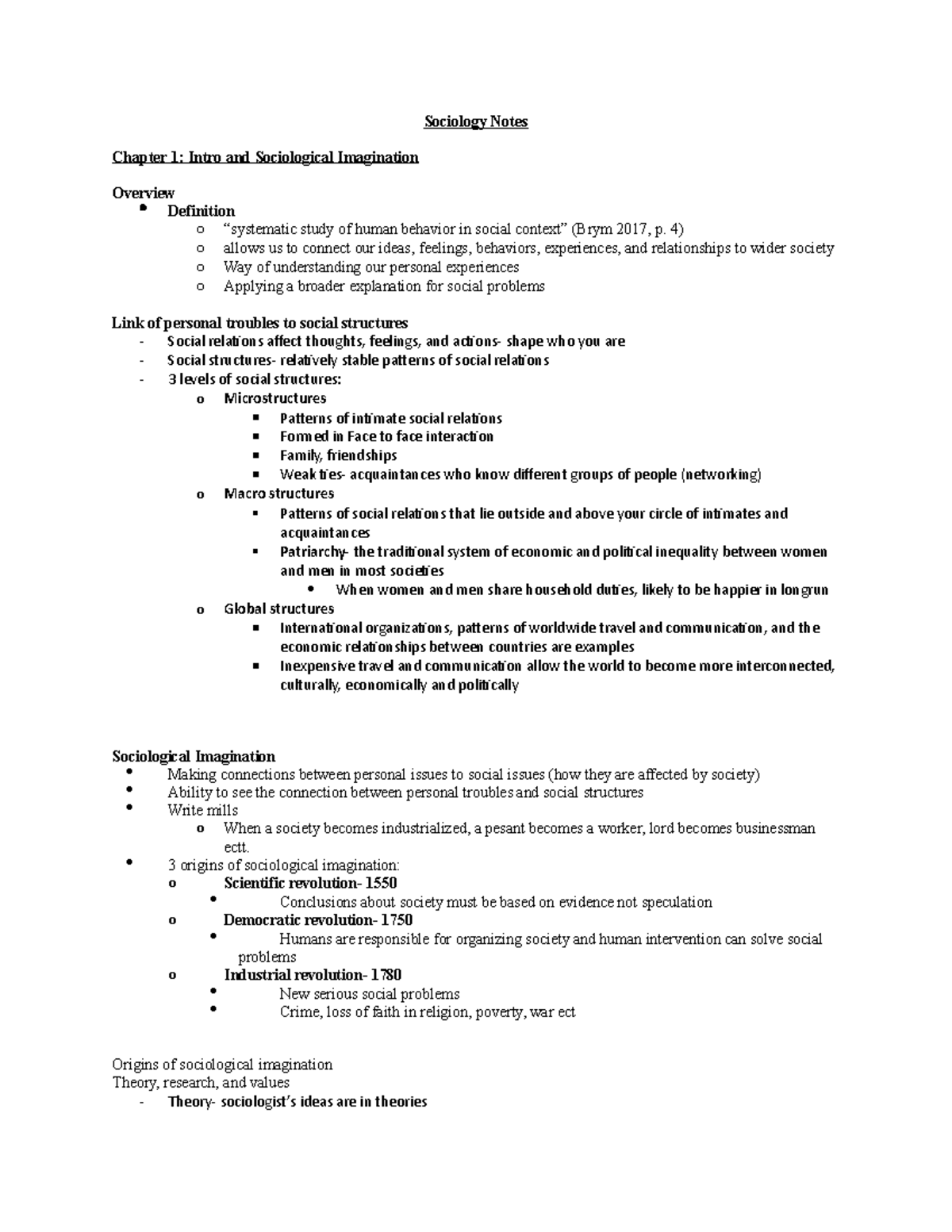 Sociology Notes - Sociology Notes Chapter 1: Intro and Sociological ...
