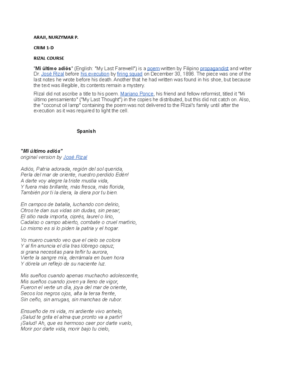 Araji - Rizal PRE Final Activity 1 - ARAJI, NURZYMAR P. CRIM 1-D RIZAL ...