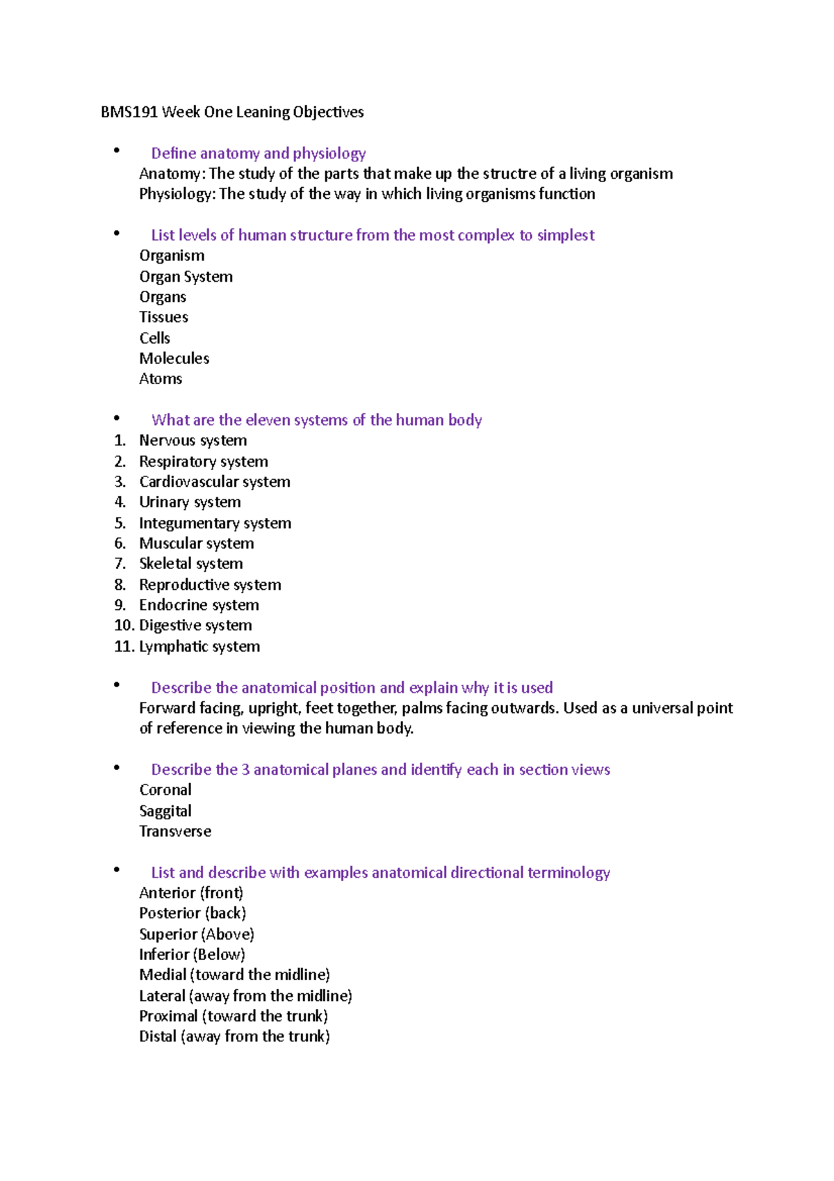 BMS191 - Week One Learning Objectives - BMS191 Week One Leaning ...