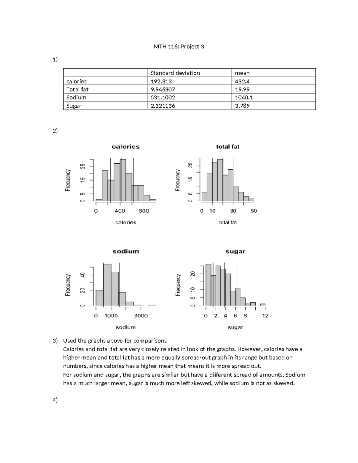 MTH 116 Project 3 Directions - MTH 116: Project 3 1) Standard deviation ...