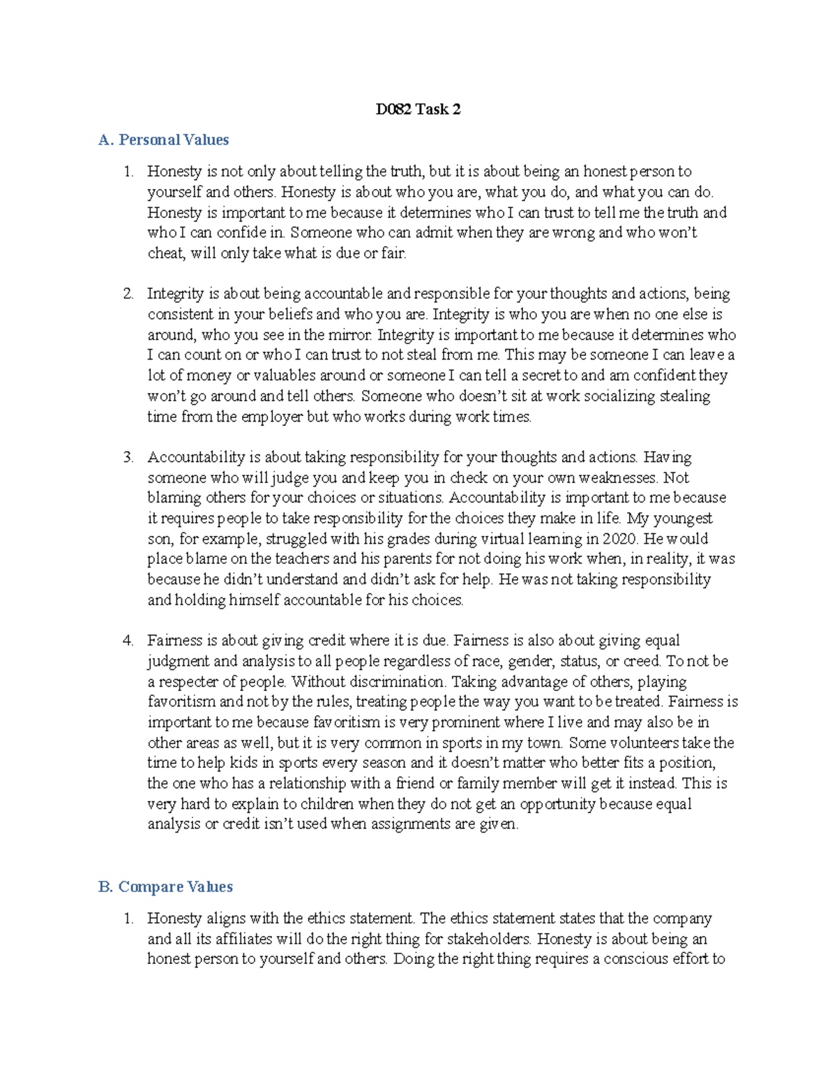 D082 Task 2 Template - passed - D082 Task 2 A. Personal Values Honesty ...