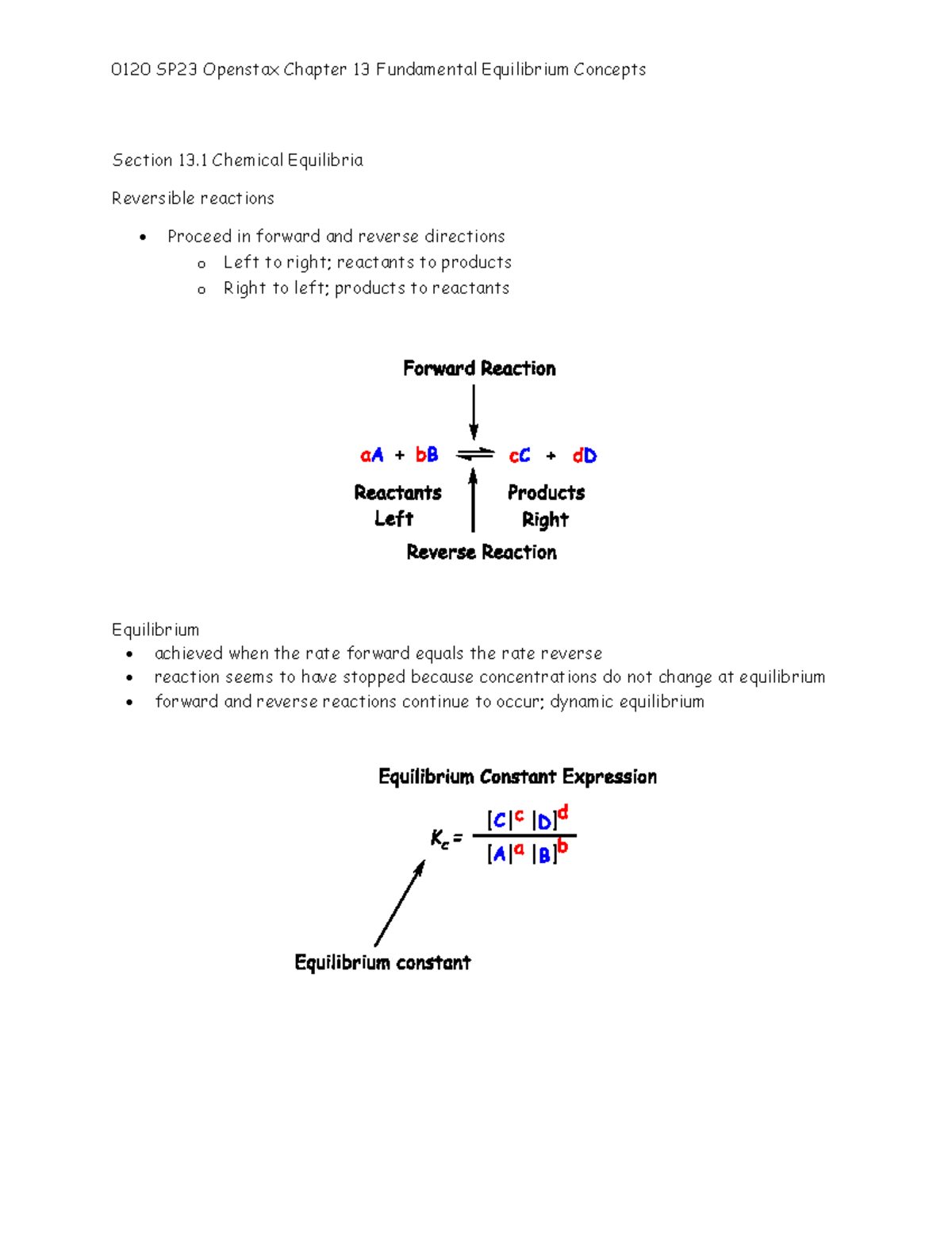 Chapter 13 Fundamental Equilibrium Concepts Lecture Notes for Students ...