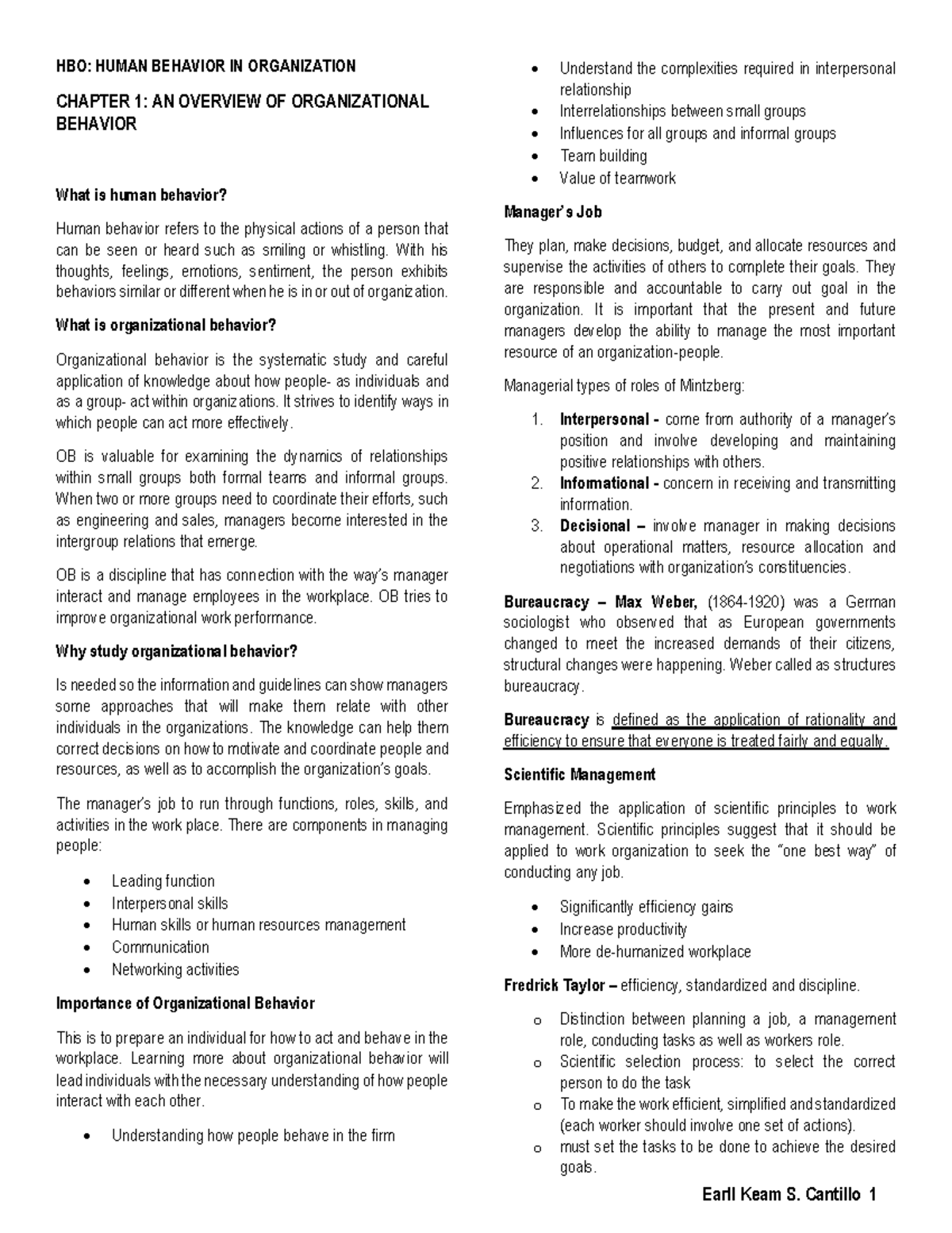 HBO- Reviewer - .......... - HBO: HUMAN BEHAVIOR IN ORGANIZATION ...