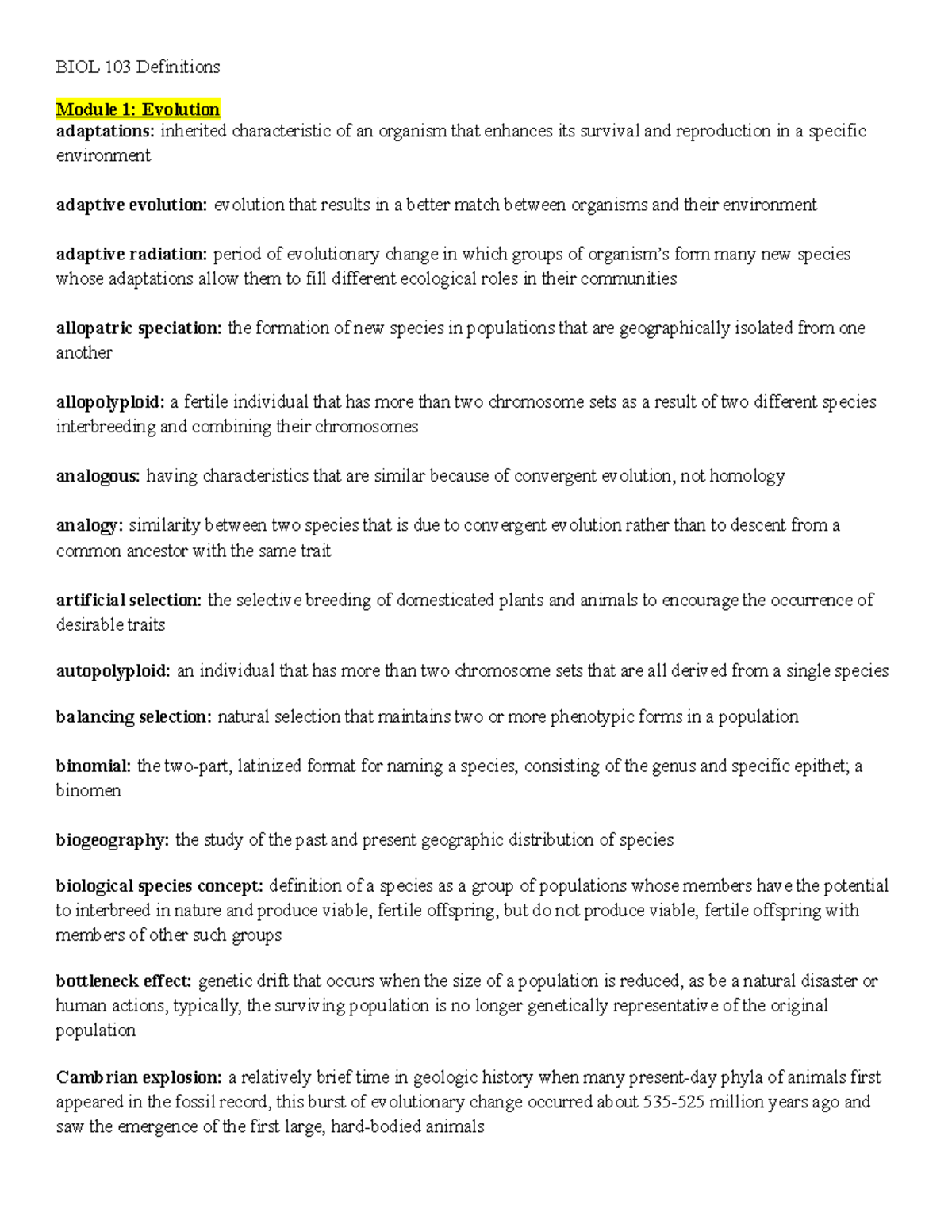 BIOL 103 Definitions - Module 1: Evolution adaptations: inherited ...