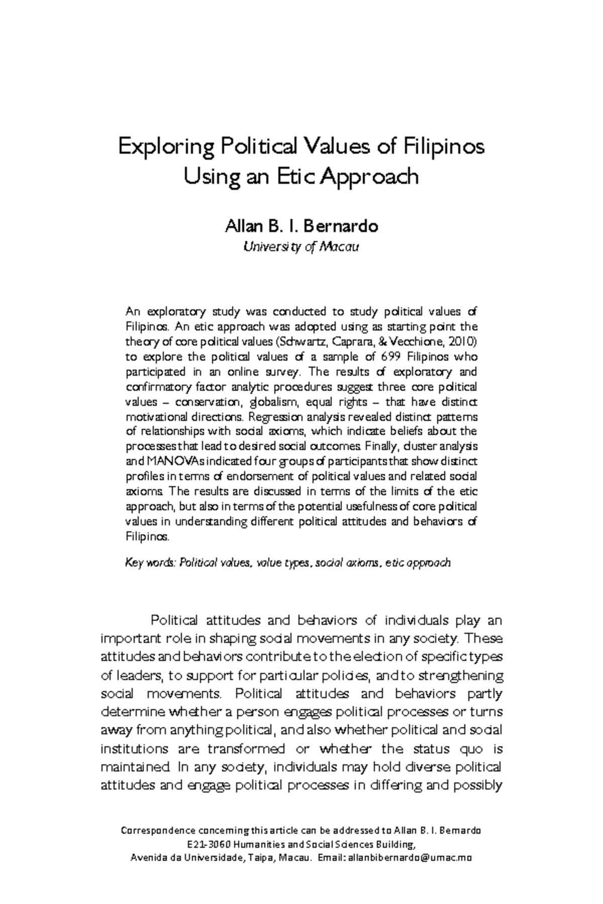 Exploring political values of filipinos using an etic approach - Correspondence concerning this ...