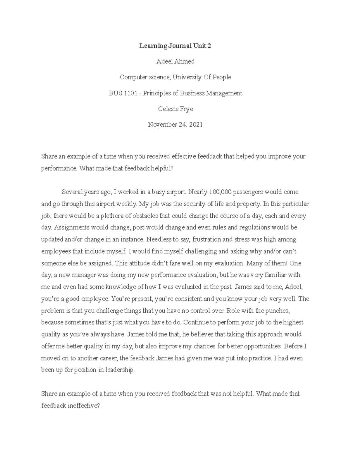 Learning Journal Unit 2 - 2021 Share an example of a time when you ...