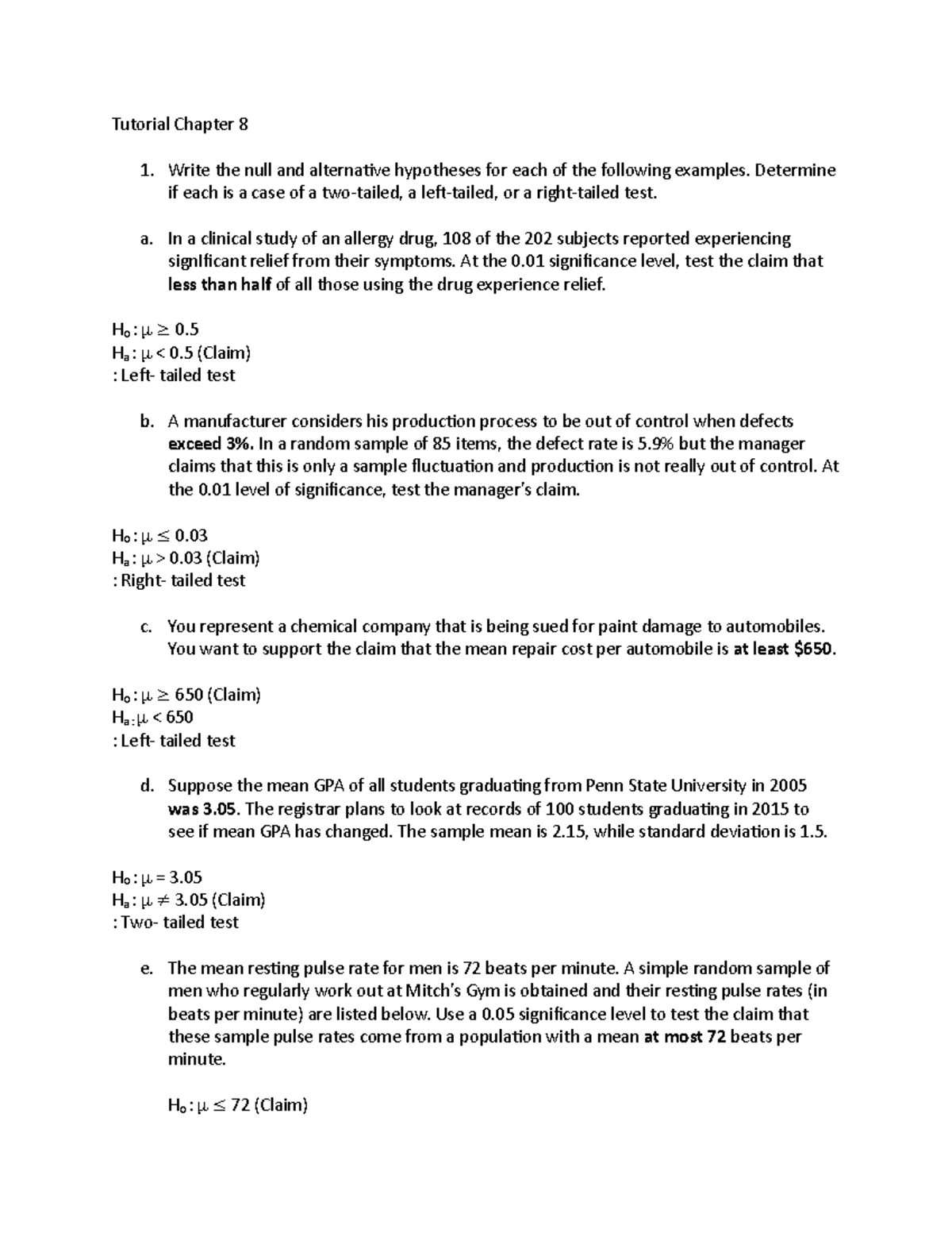 Tutorial Chapter 8 Stats - Tutorial Chapter 8 Write the null and ...