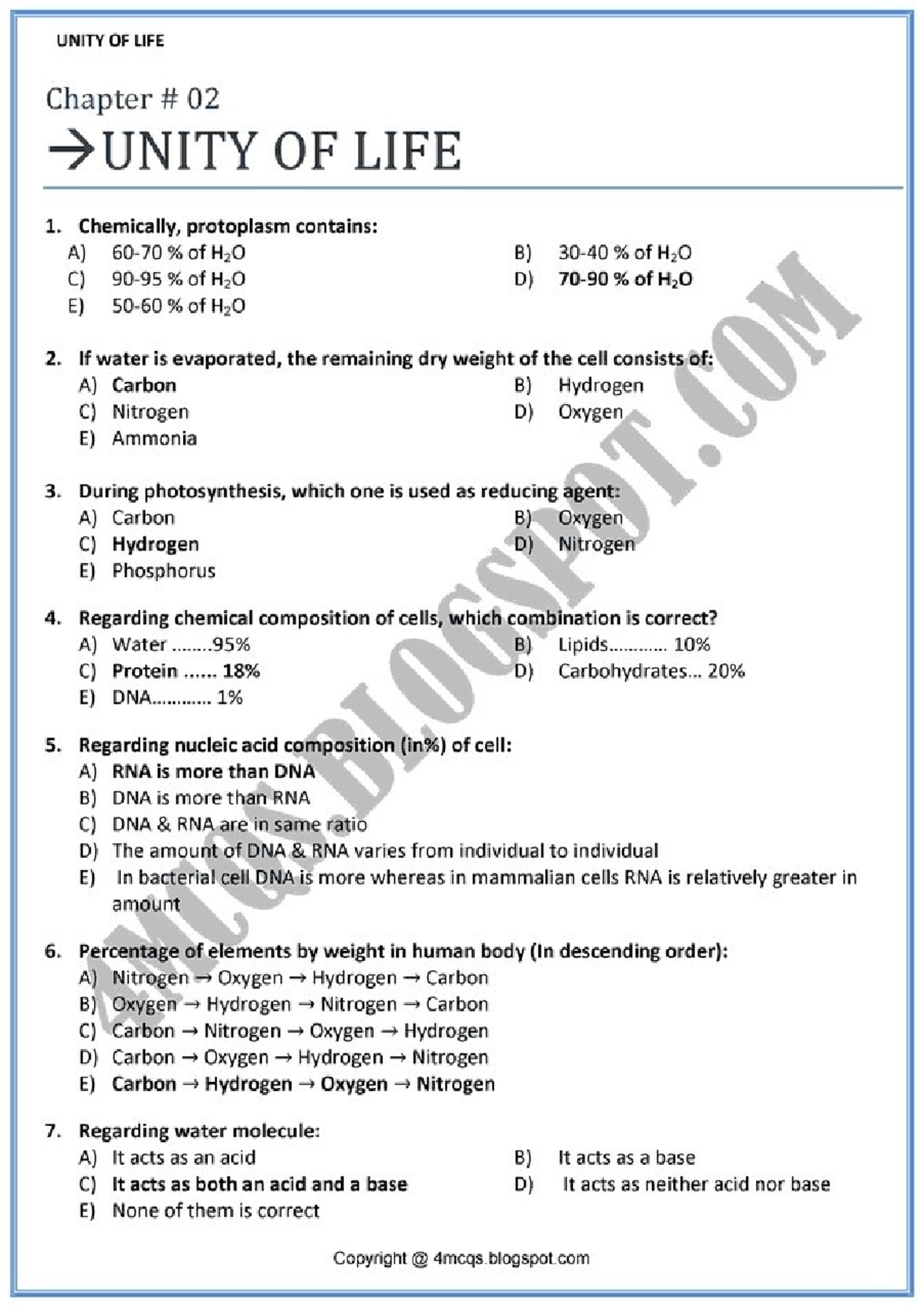 B Unity of life Mcqs - Microbiology lab - Studocu