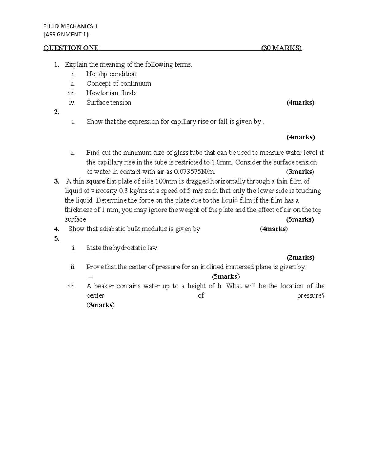 Fluid Mechanicsassignment 1 - FLUID MECHANICS 1 (ASSIGNMENT 1) QUESTION ...