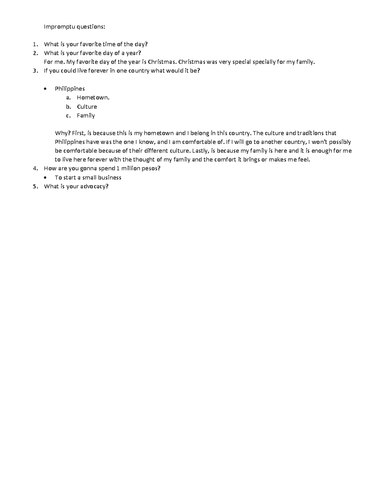 Impromptu questions 1 - this is for reference purpose only. - Purposive ...