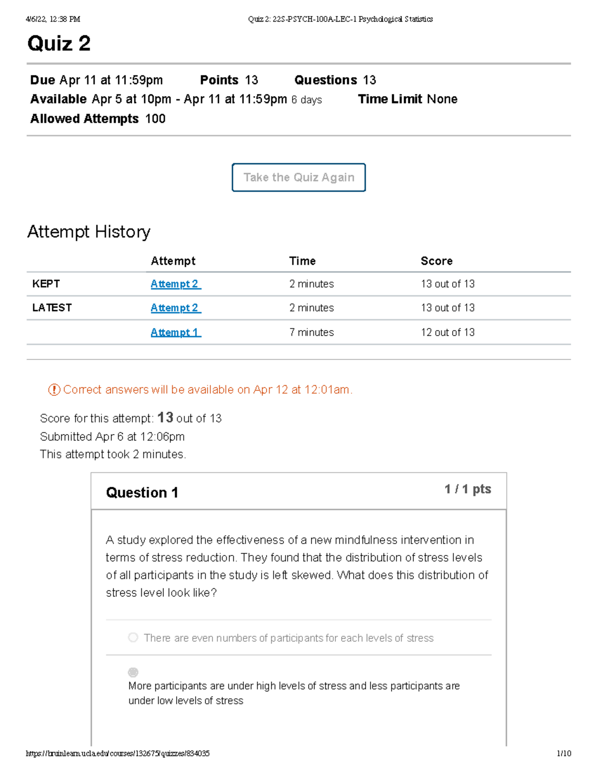Quiz 2 22S- Psych-100A-LEC-1 Psychological Statistics - Quiz 2 Due Apr ...