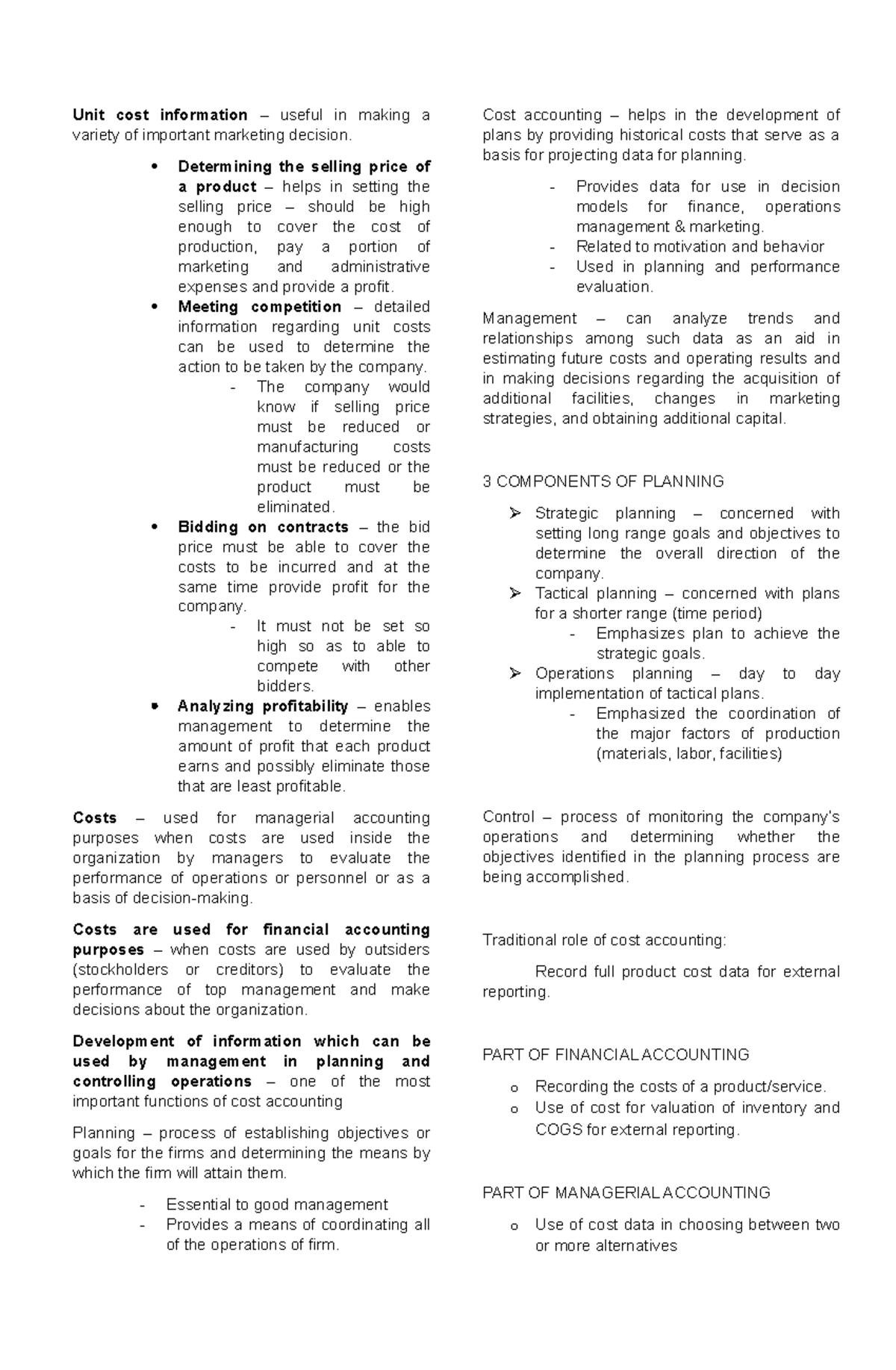 Reviewer - Cost - Cost accounting - Unit cost information – useful in ...