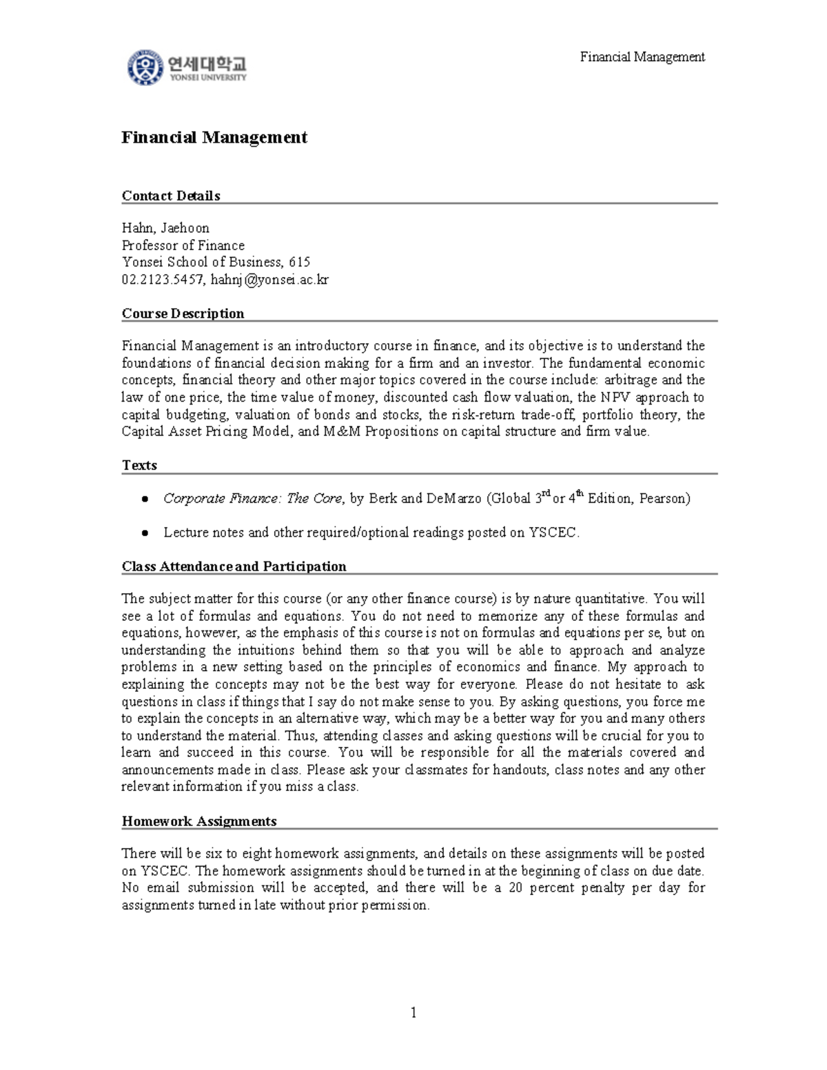 Financial Management Syllabus - Financial Management 1 Financial ...