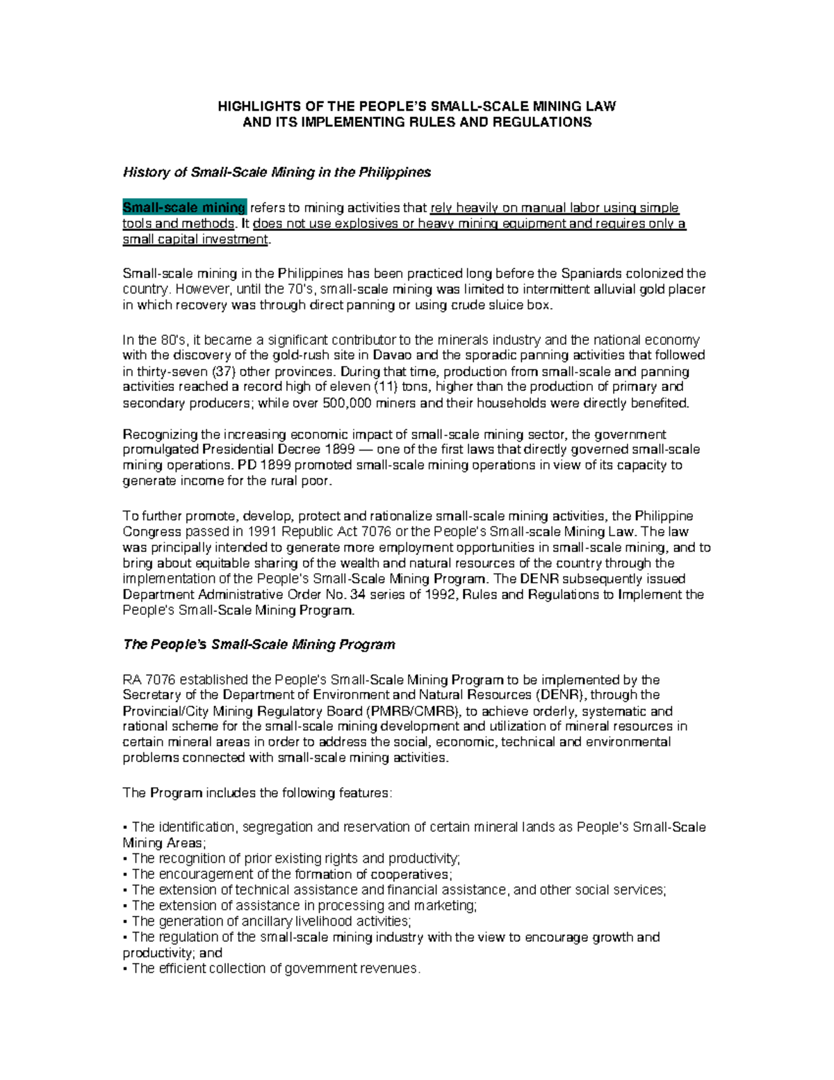 Small-scale mining essential notes - HIGHLIGHTS OF THE PEOPLE’S SMALL ...