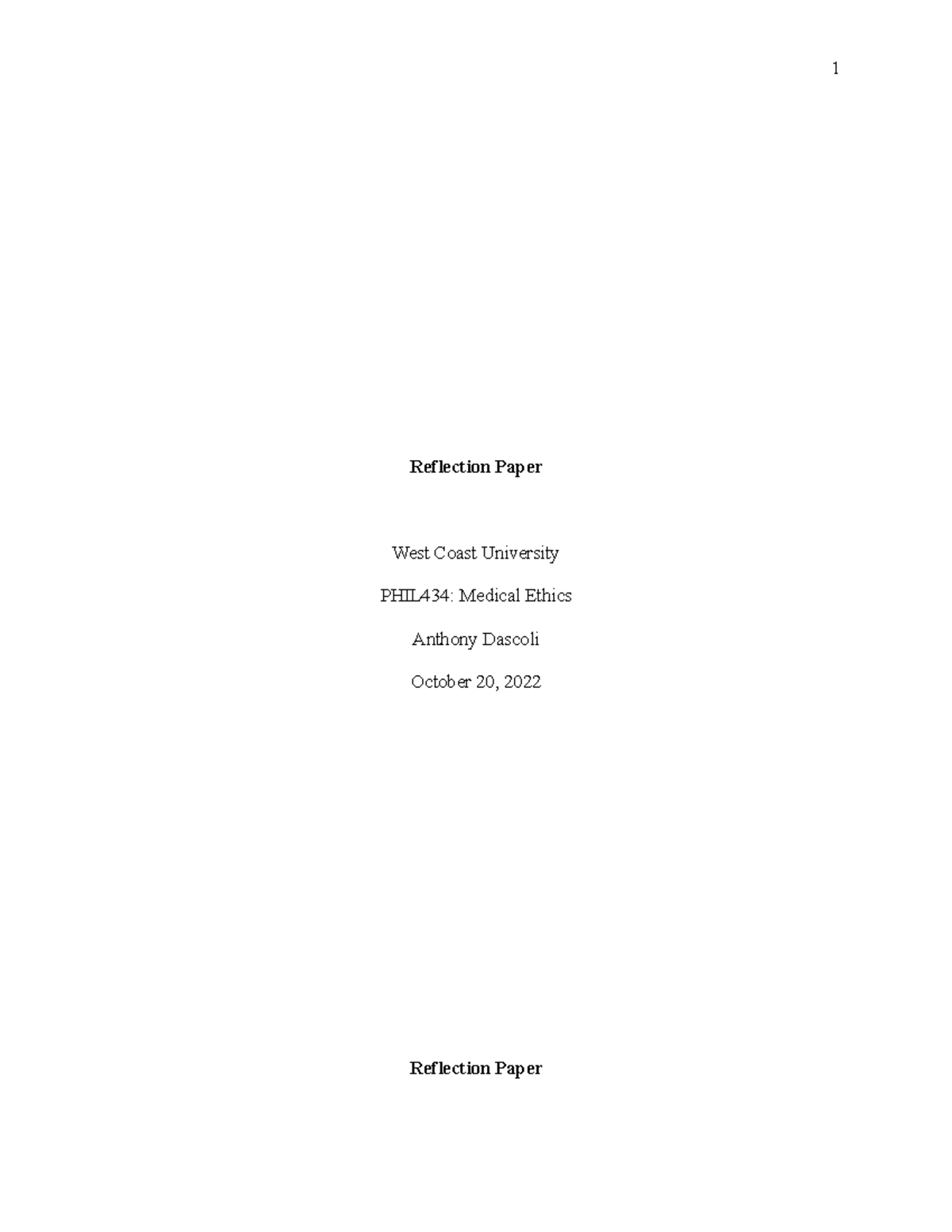 Reflection Paper - assignment in class - 1 Reflection Paper West Coast ...