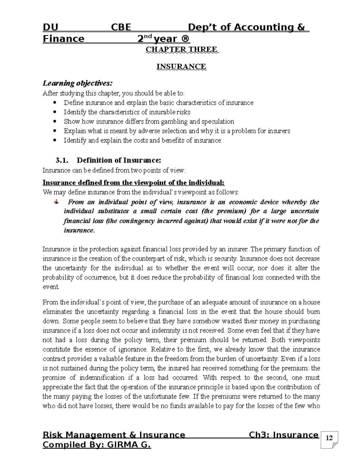 RMI CH3 - Risk Management & Insurance - 12 Finance 2 nd year ® CHAPTER ...
