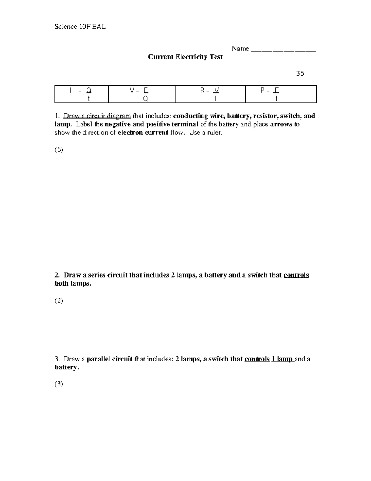 7-1 Current Electricity Test EAL 2020 - Name __________________ Current ...