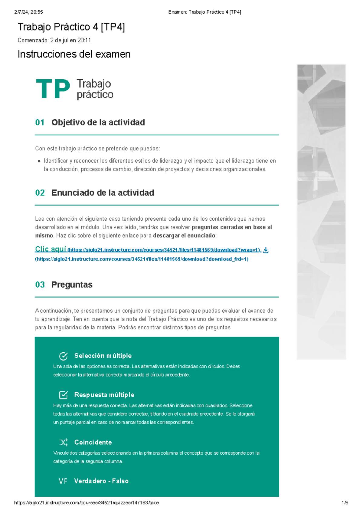 Dirección General Examen Trabajo Práctico 4 [TP4] 80% - Trabajo Práctico 4 [TP4] Comenzado: 2 de ...