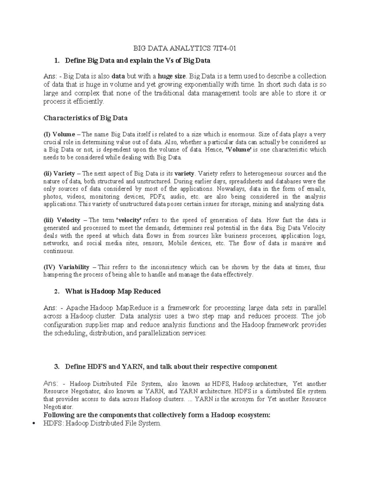 BDA Guess Paper Solution - BIG DATA ANALYTICS 7IT4- 1. Define Big Data and explain the Vs of Big ...