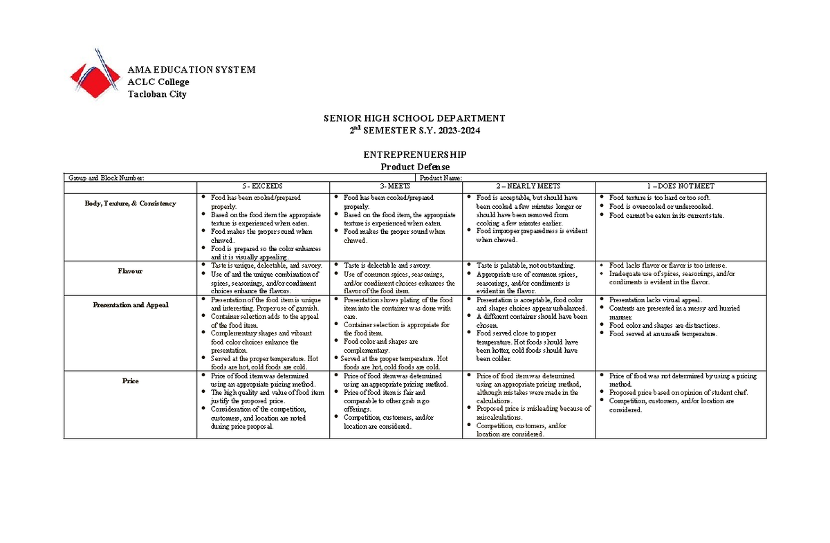 Rubrics - AMA EDUCATION SYSTEM ACLC College Tacloban City SENIOR HIGH ...