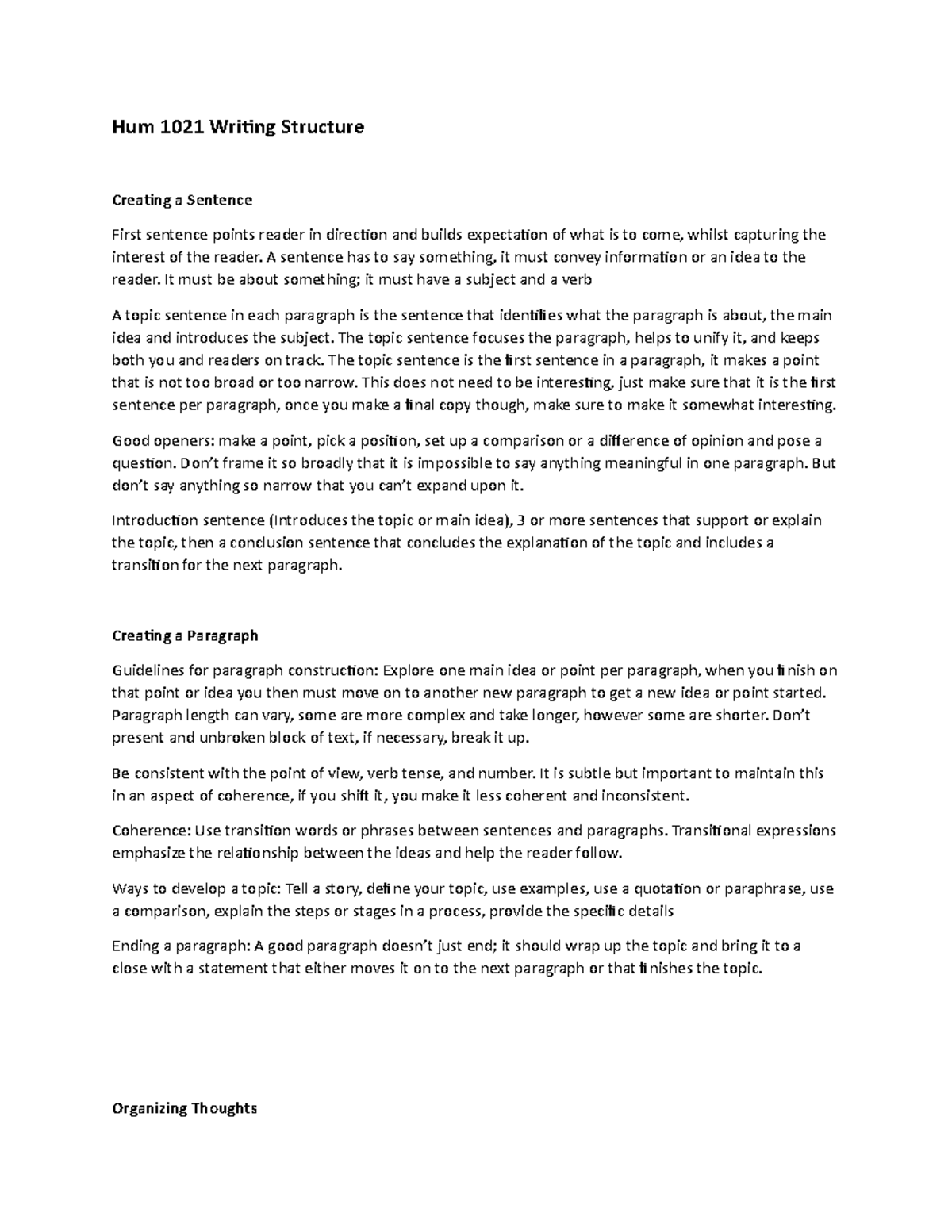 Hum 1021 Writing Structure - Hum 1021 Writing Structure Creating a ...
