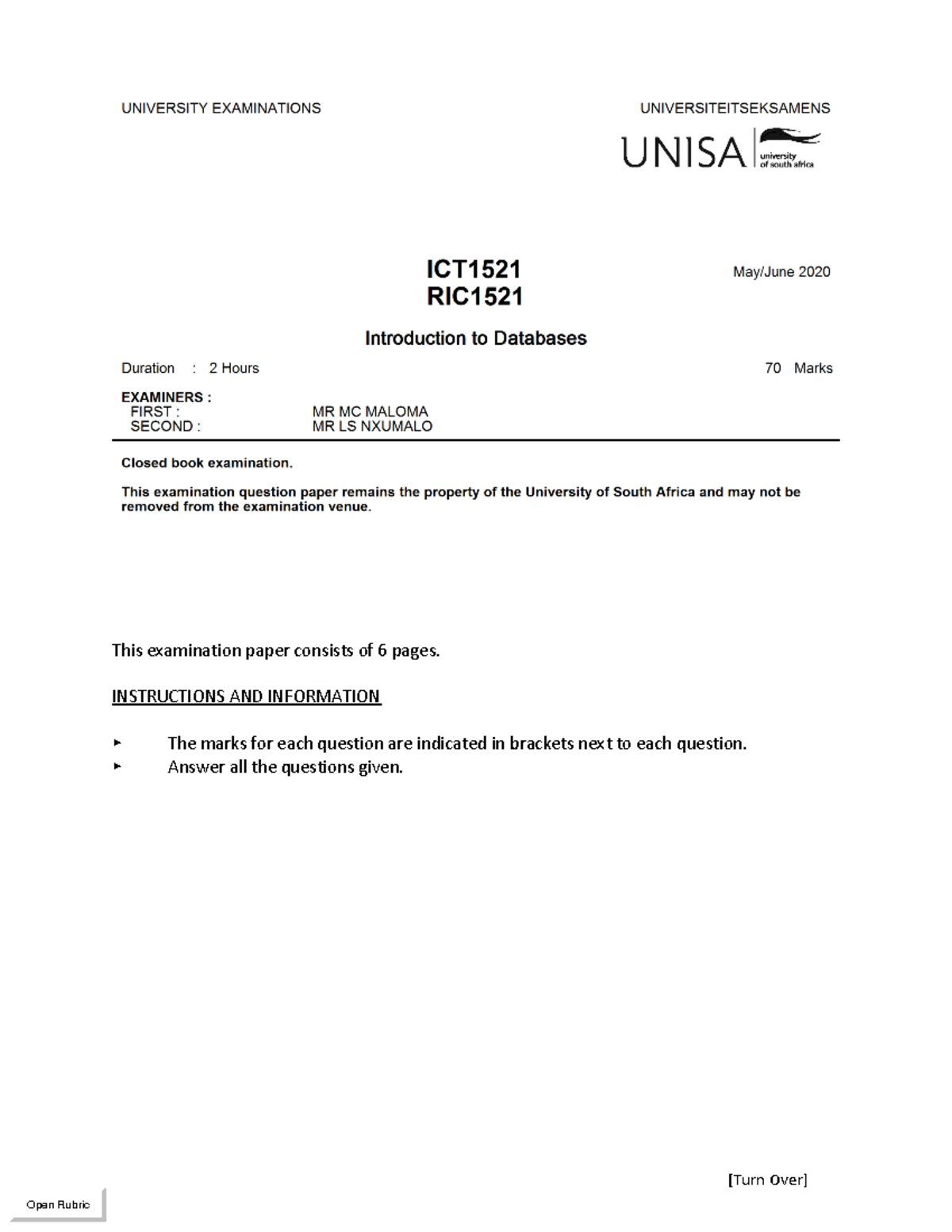 ICT1521 May June 2020 online - [Turn Over] This examination paper consists of 6 pages ...