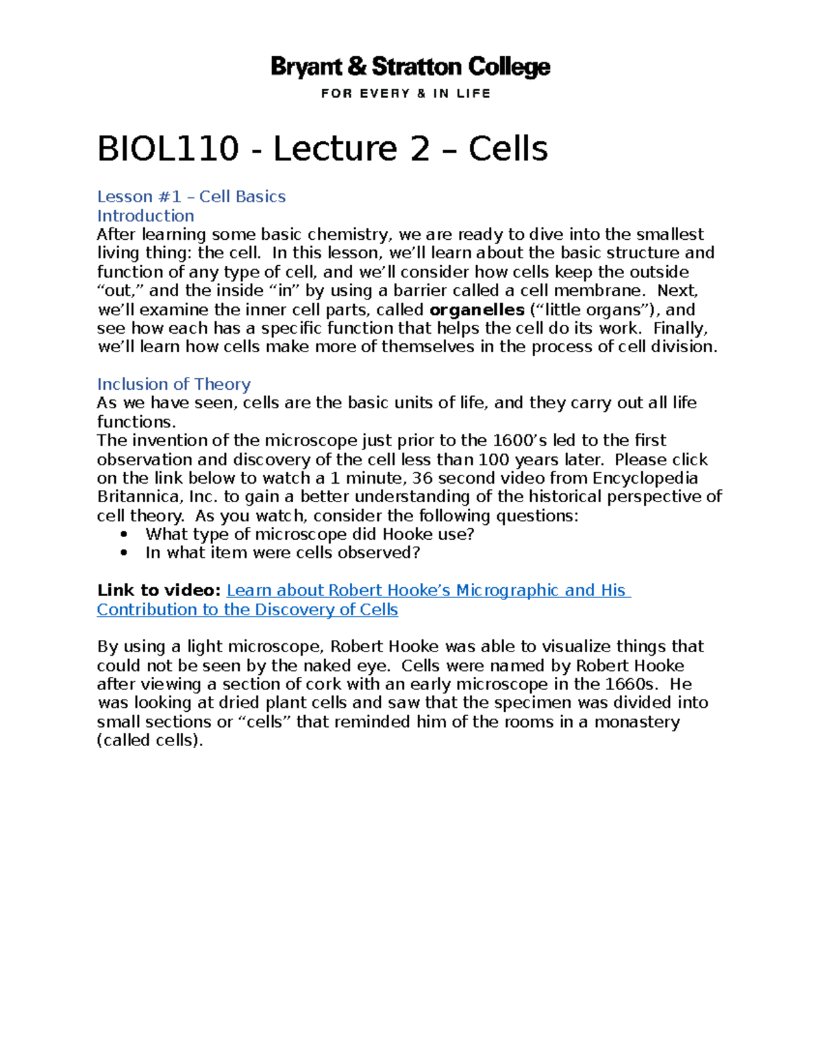 BIOL110 - Lecture 2 - Cells - BIOL110 - Lecture 2 – Cells Lesson #1 ...