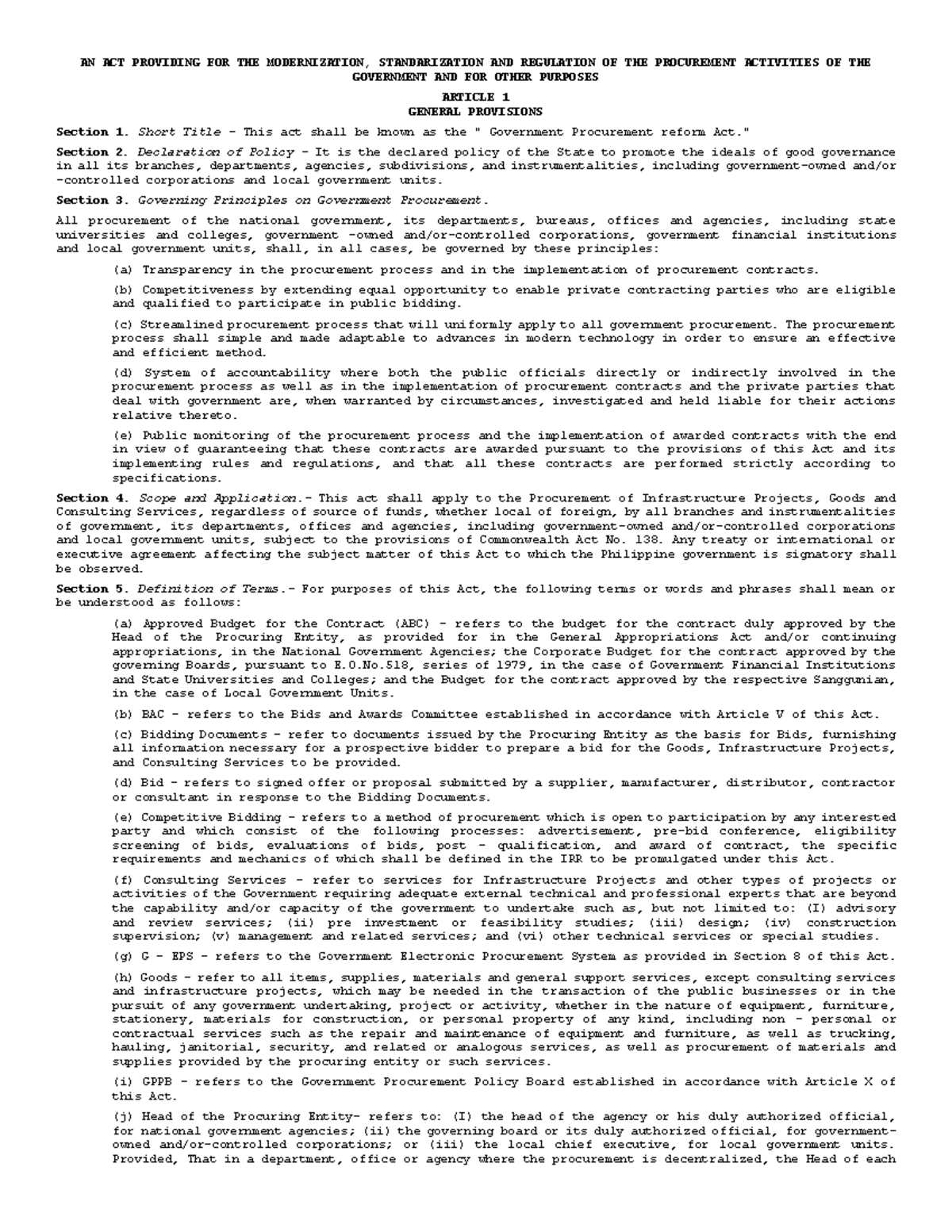 Government Procurement Reform ACT - AN ACT PROVIDING FOR THE ...