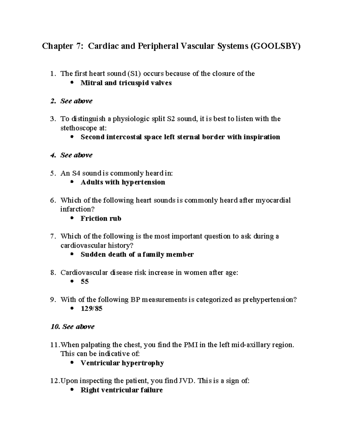 Goolsby Practice Questions Chapters 7 8 10 Chapter 7 Cardiac And Peripheral Vascular Systems