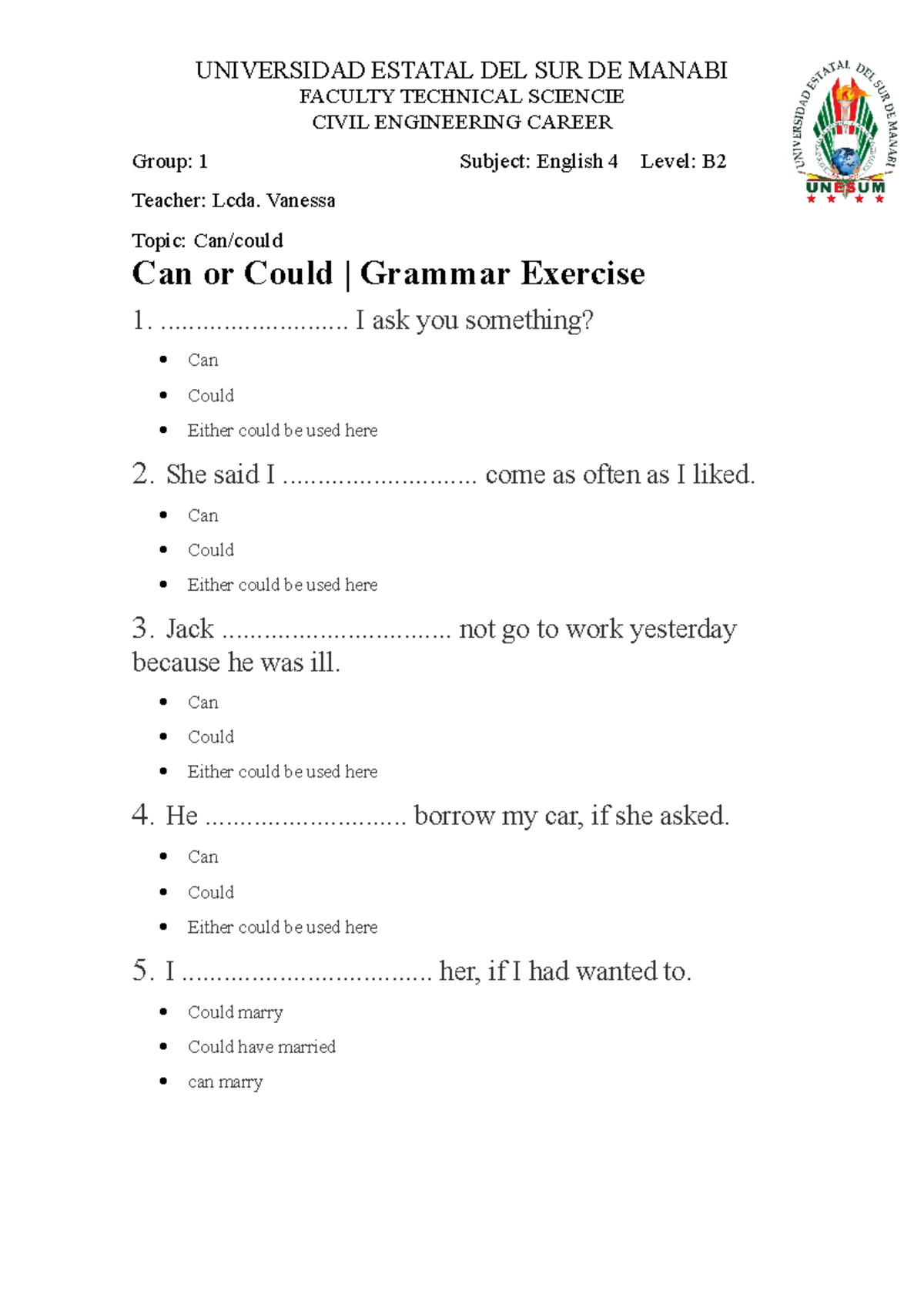 Can or Could uso en ingles - UNIVERSIDAD ESTATAL DEL SUR DE MANABI ...
