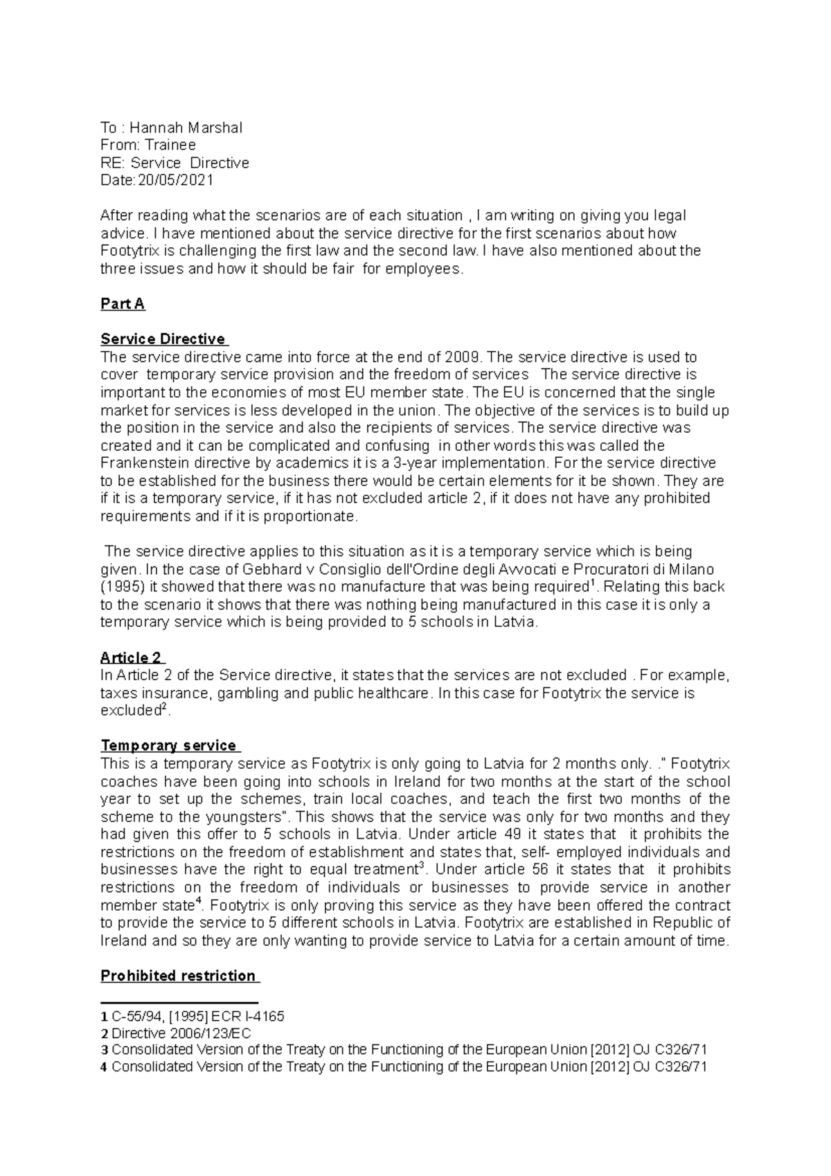 European Union Law - Essay on service directive based on a scenario and ...
