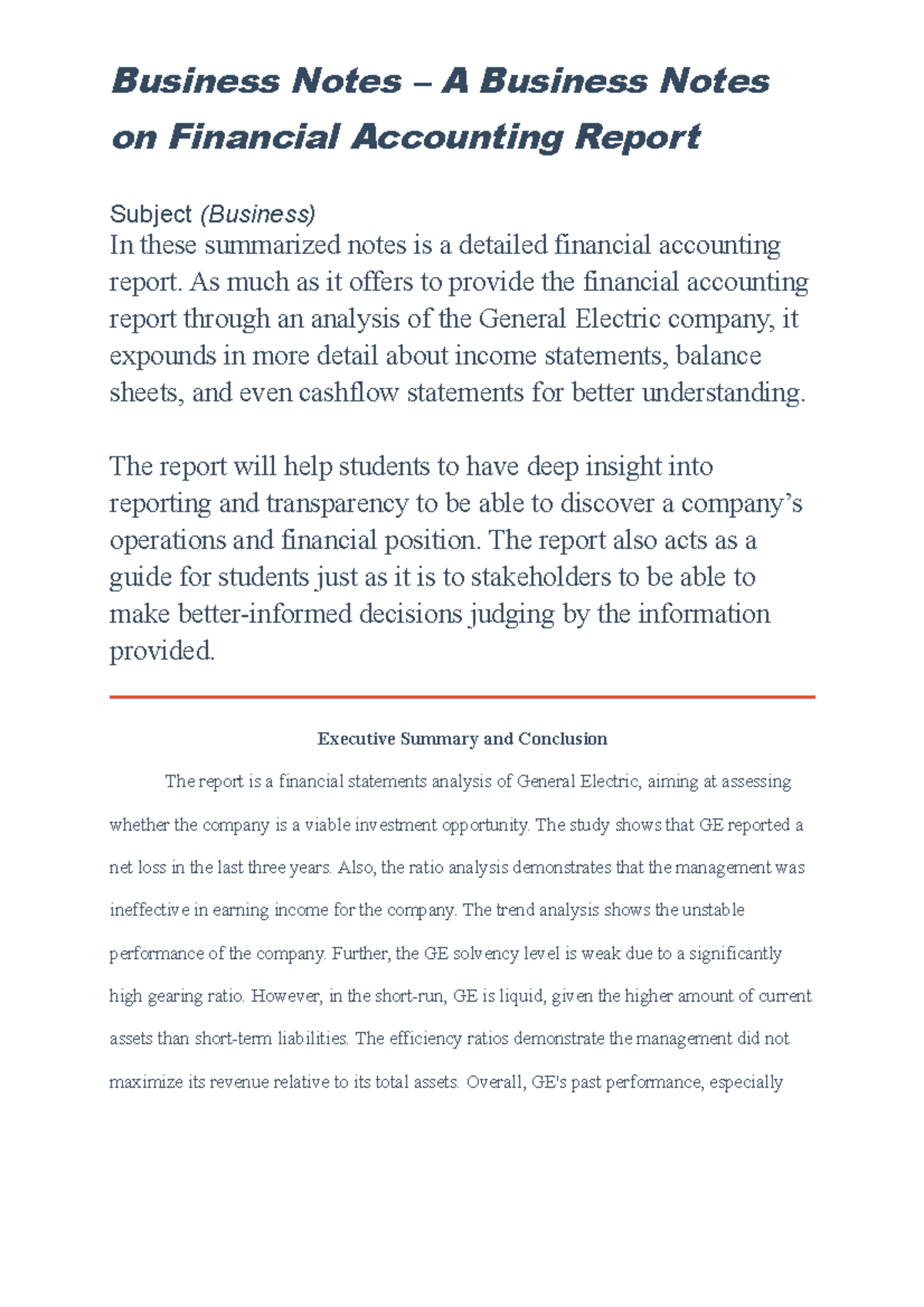 Financial Accounting Report - Business Notes – A Business Notes on ...