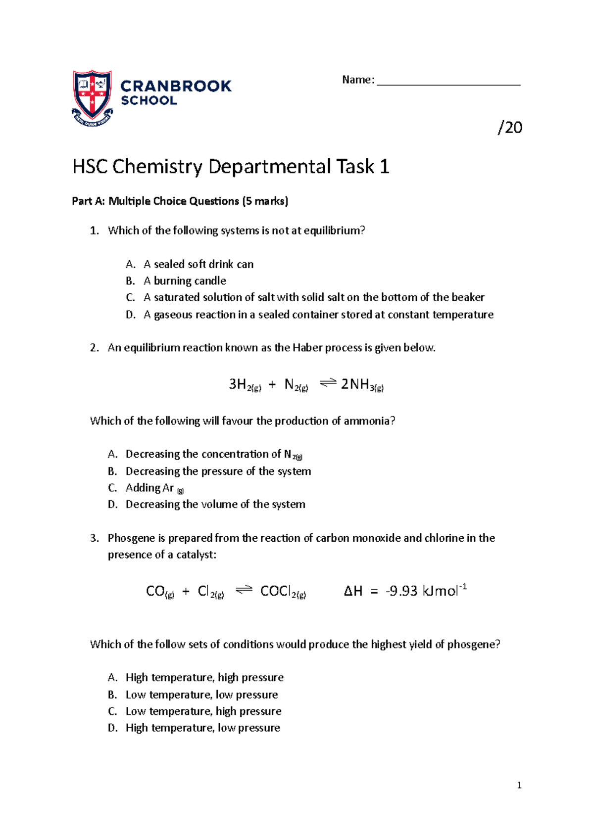 Task 1 - HSC Chemistry resources - Name: ________________________ / HSC ...