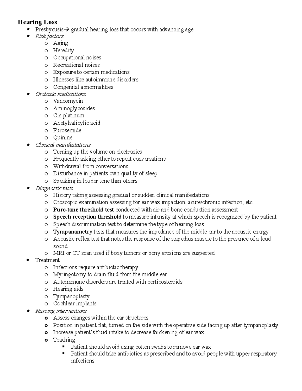 Ch. 48 Caring for Patient with Hearing Disorders Notes - Hearing Loss ...
