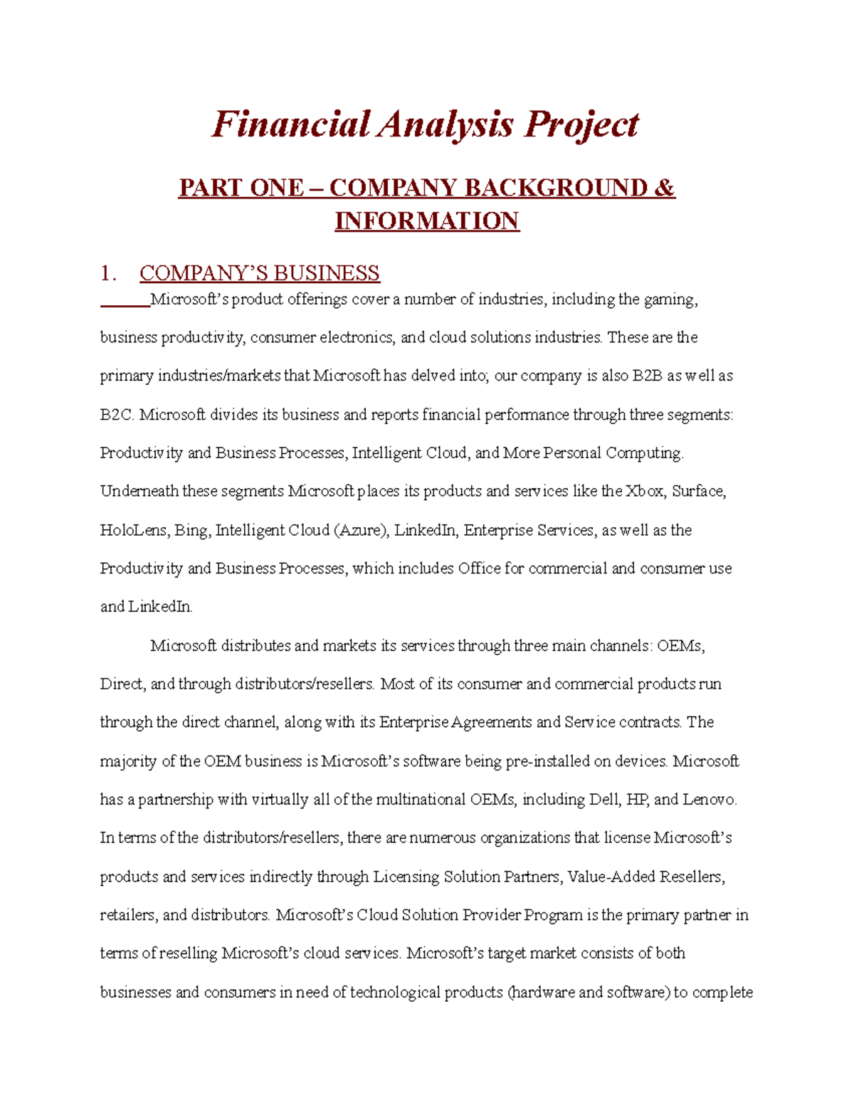 Accounting Paper Final - Financial Analysis Project PART ONE – COMPANY ...