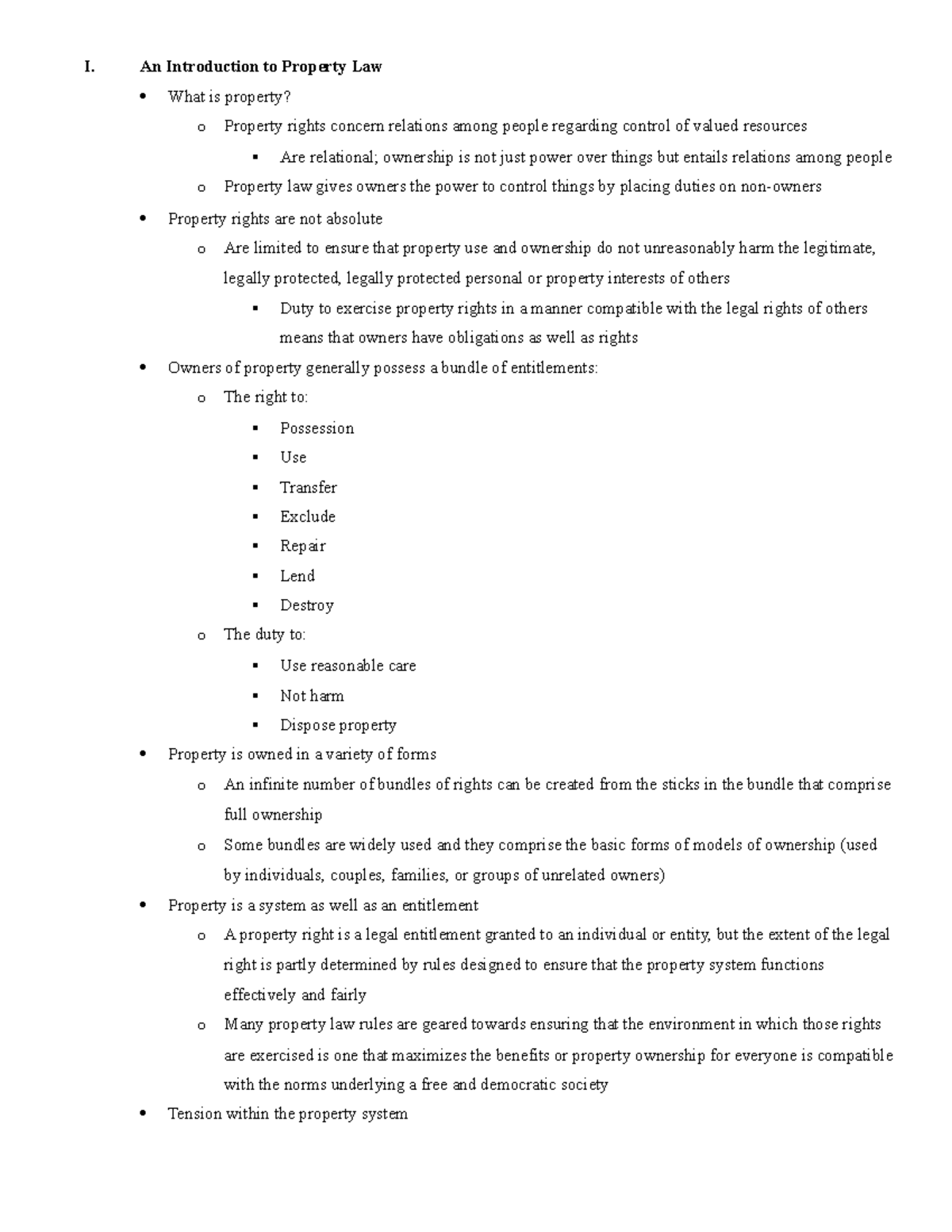 Property Outline - I. An Introduction to Property Law What is property ...
