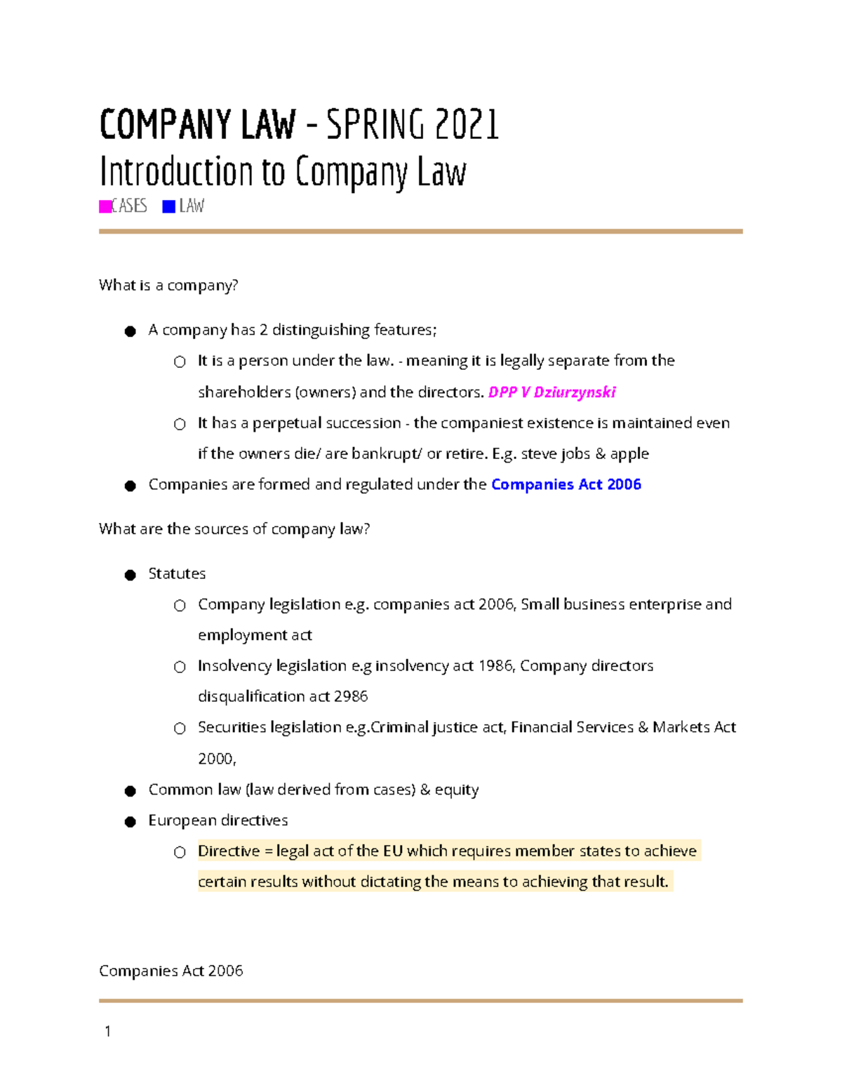 Company law introduction lecture notes - COMPANY LAW - SPRING 2021 ...