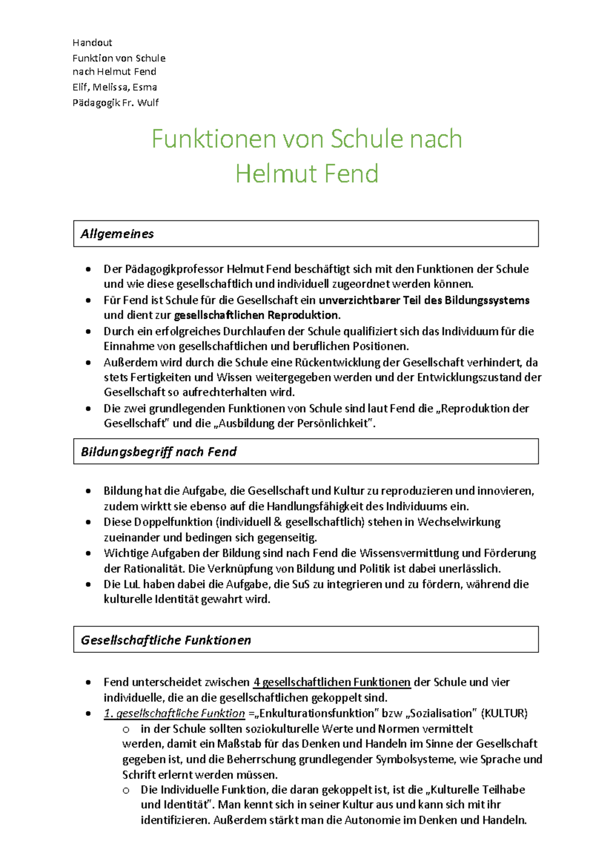 Handout Elif Melissa Esma h. fend gute übersicht zum überblick ...