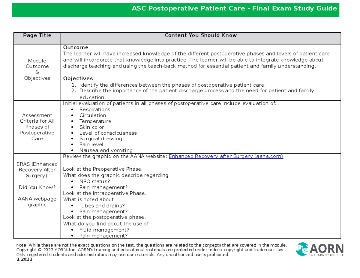 Study Guide ASC Postoperative Patient Care - Page Title Content You ...