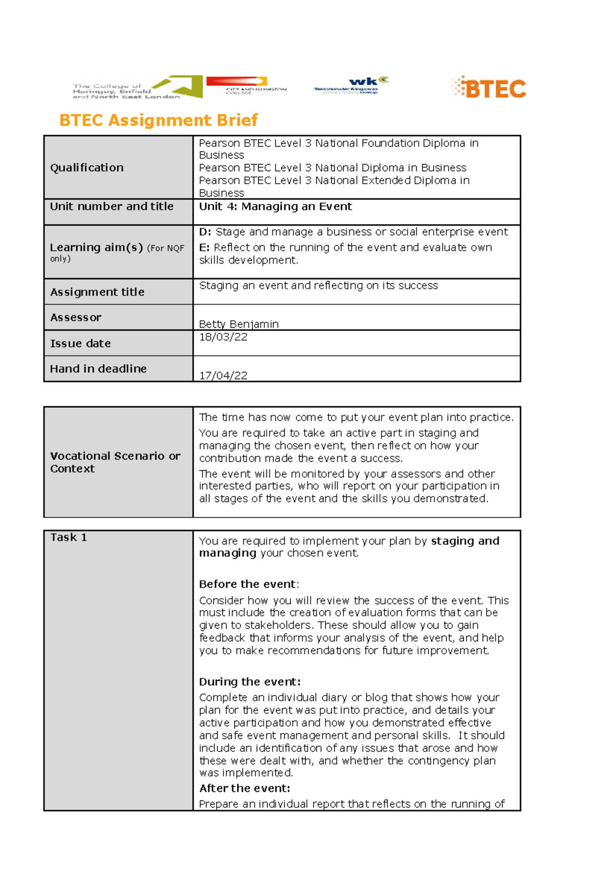 Authorised Assignment Brief for Learning Aim D and E - Unit 4 Managing an Event (Version 1 April ...
