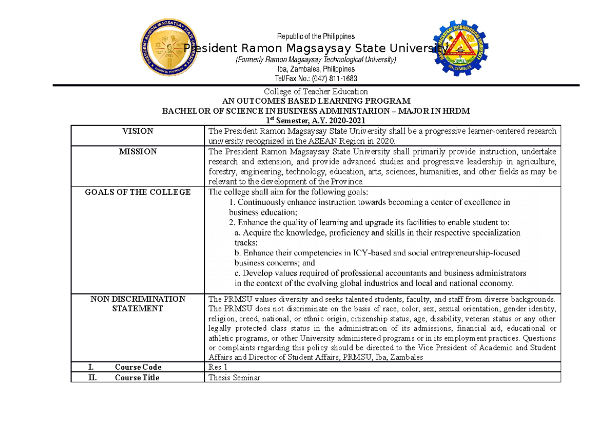 Course-syllabus-res 1 - Republic of the Philippines President Ramon ...