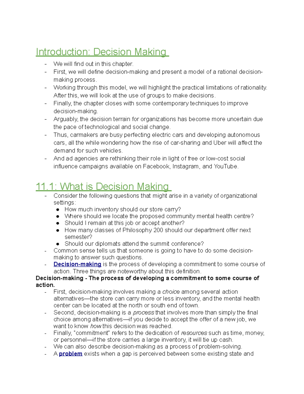 Chapter 11 Decision Making - Introduction: Decision Making We will find out in this chapter ...