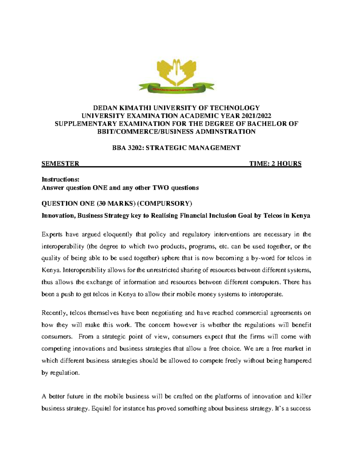 BBA 3202 Strategic Management - BBIT SUPP - DEDAN KIMATHI UNIVERSITY OF TECHNOLOGY UNIVERSITY ...
