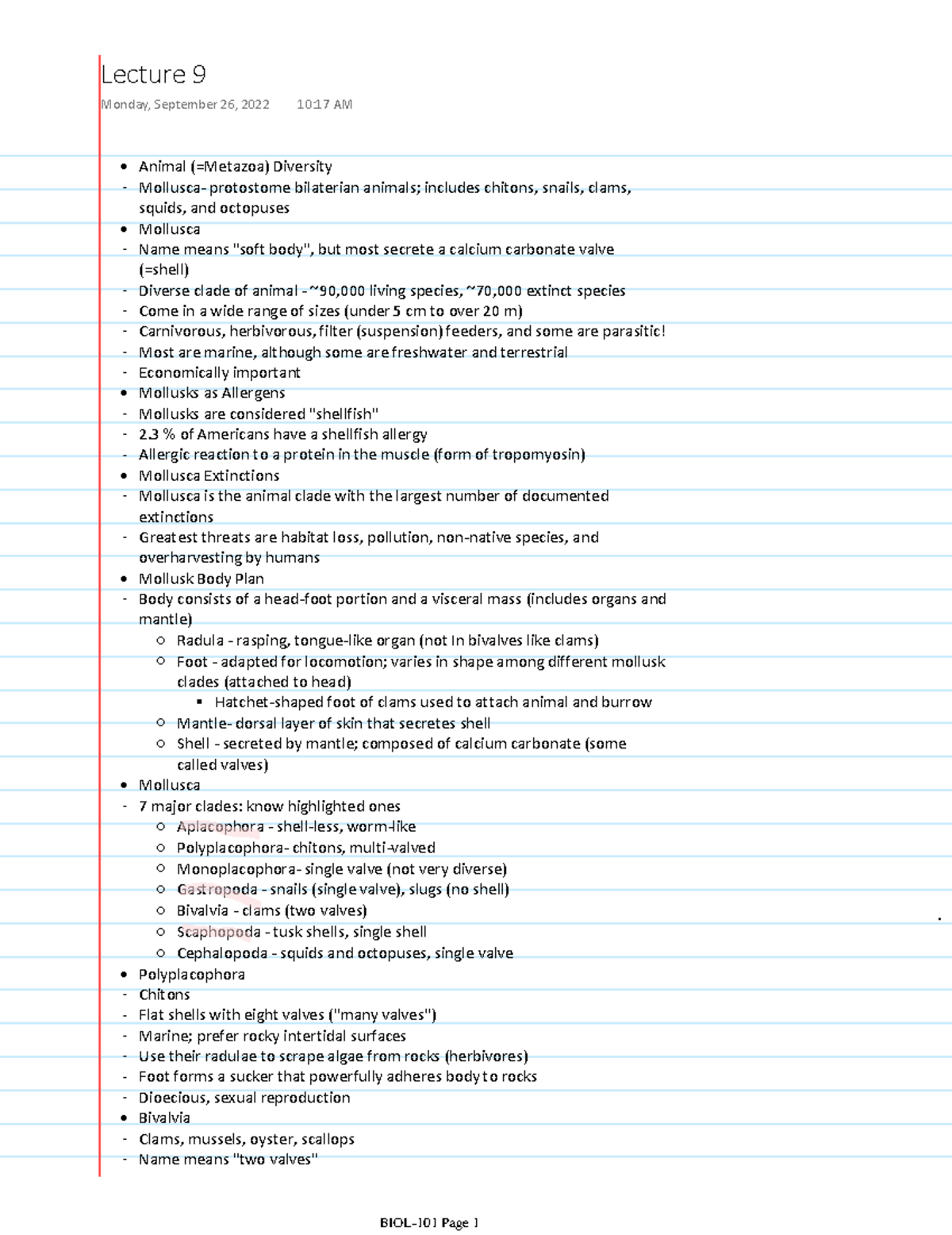 Lecture 9 Biol-101 - Animal (=Metazoa) Diversity Mollusca- protostome ...